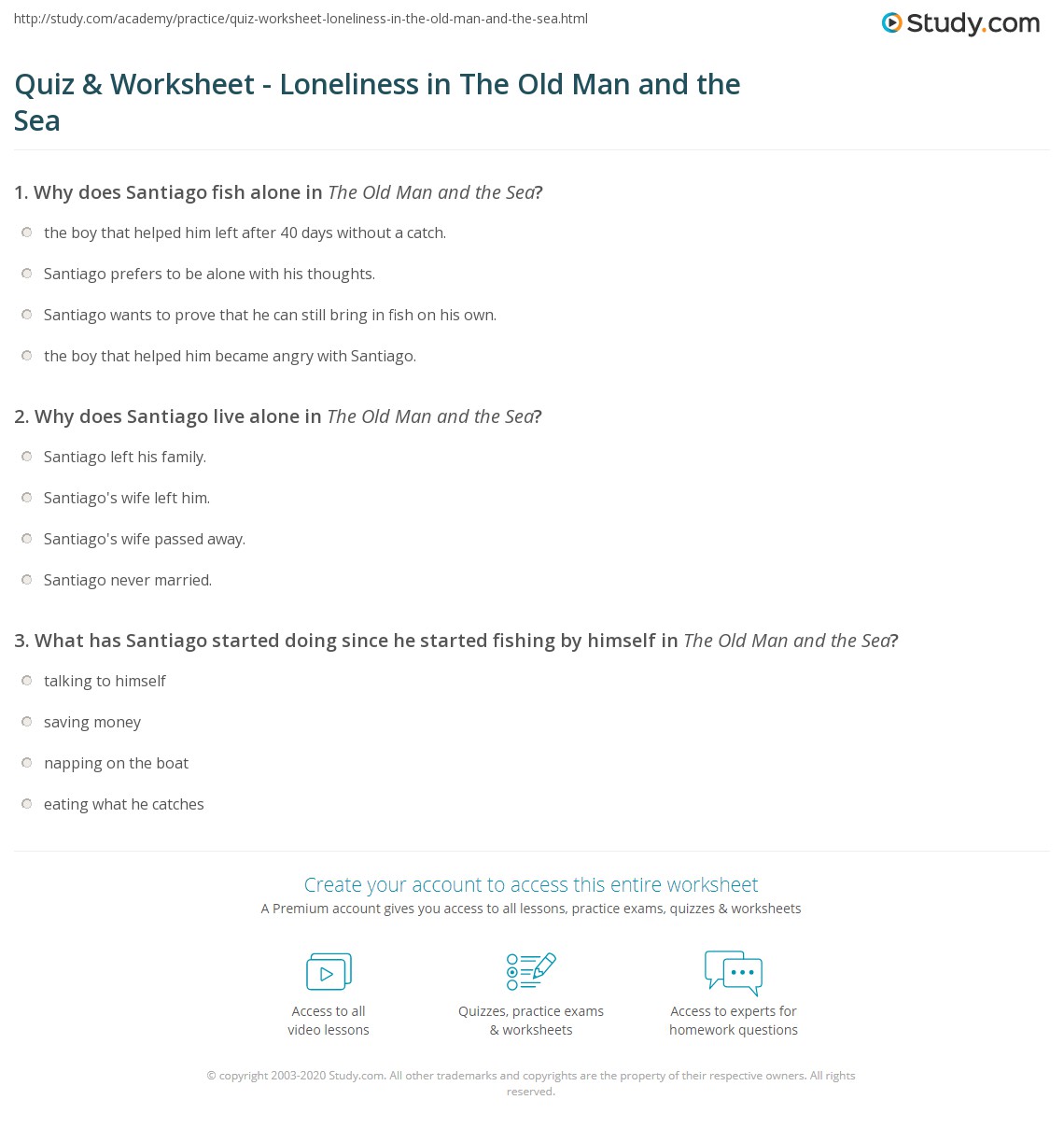 Quiz & Worksheet - Loneliness in The Old Man and the Sea | Study.com