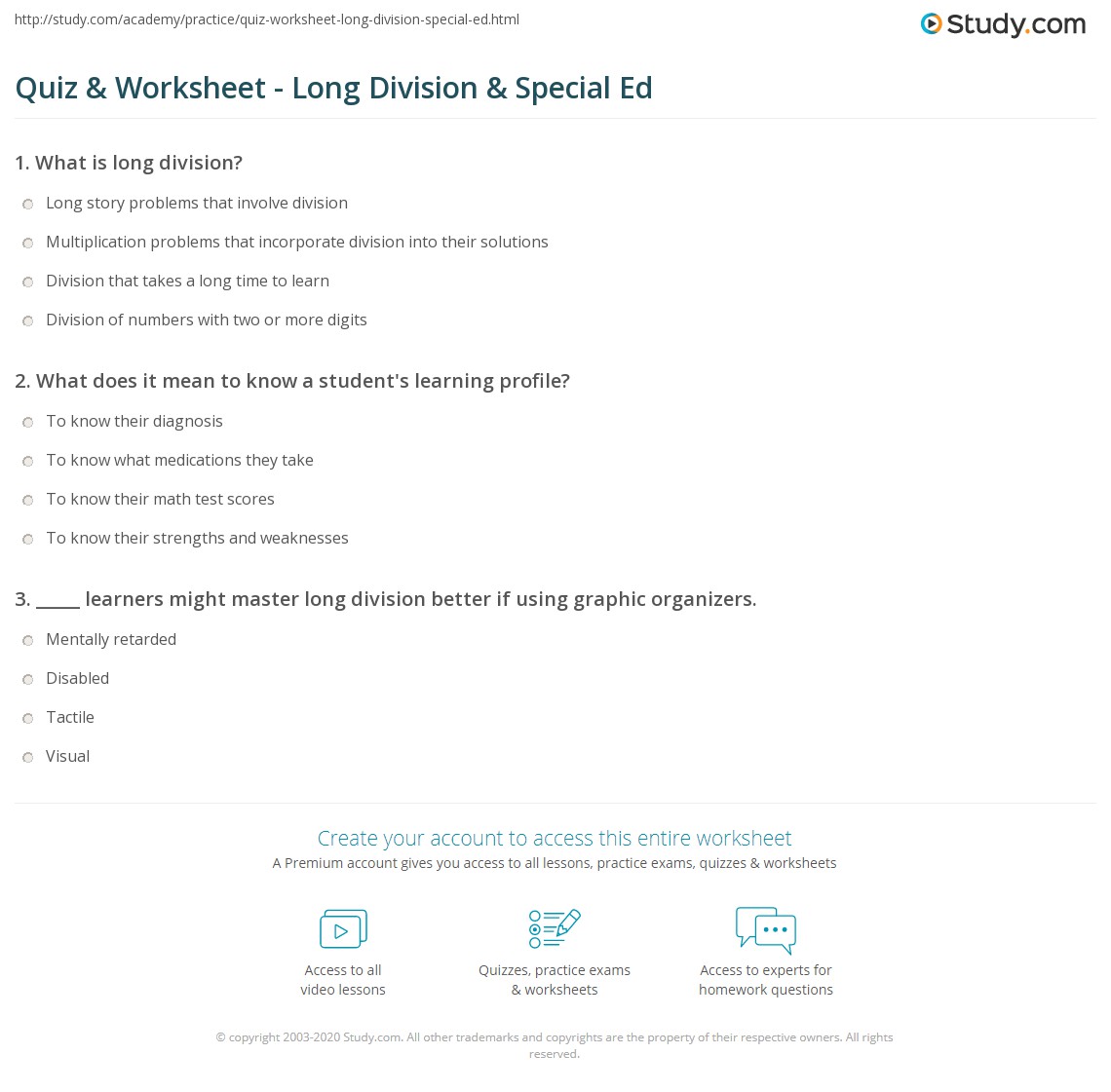 Quiz & Worksheet - Long Division & Special Ed | Study.com