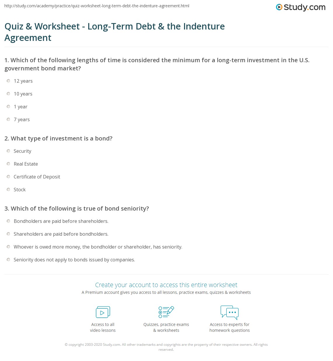 Quiz & Worksheet - Long-Term Debt & the Indenture Agreement | Study.com