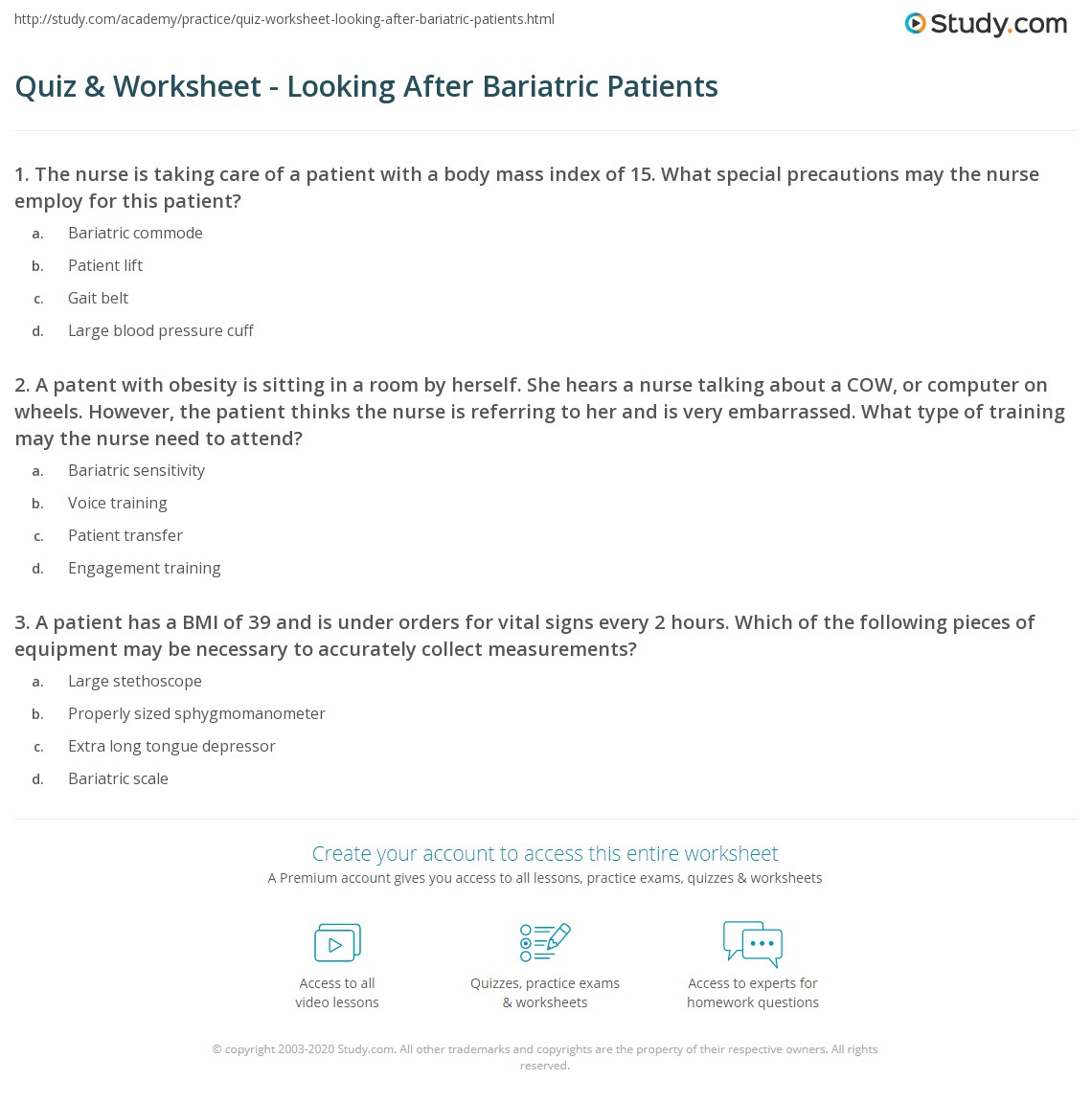 Quiz & Worksheet - Looking After Bariatric Patients | Study.com