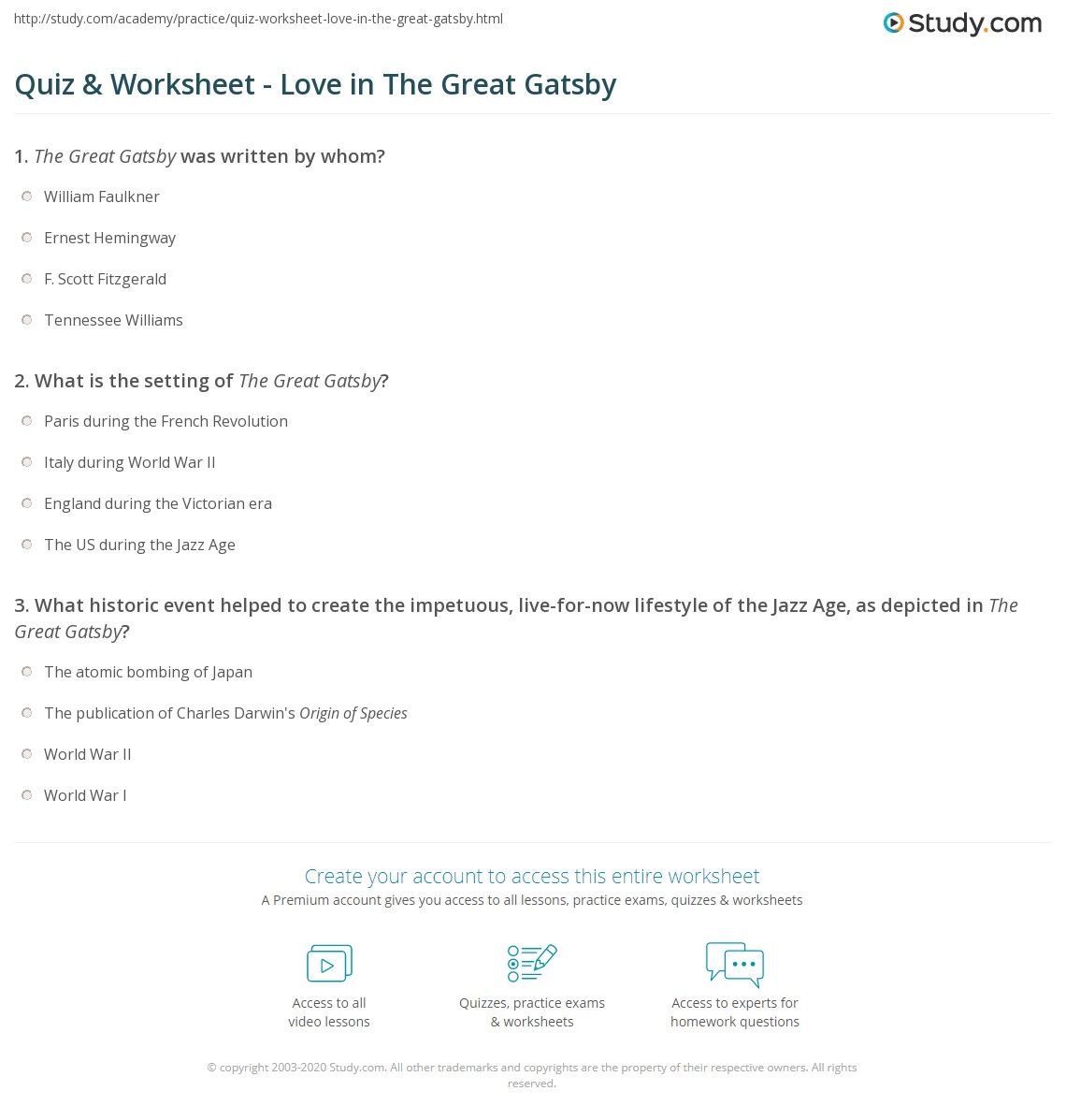 Quiz & Worksheet - Love in The Great Gatsby | Study.com