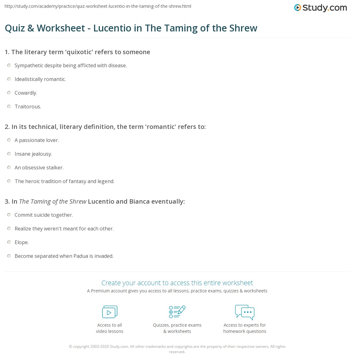 Quiz & Worksheet - Lucentio in The Taming of the Shrew | Study.com