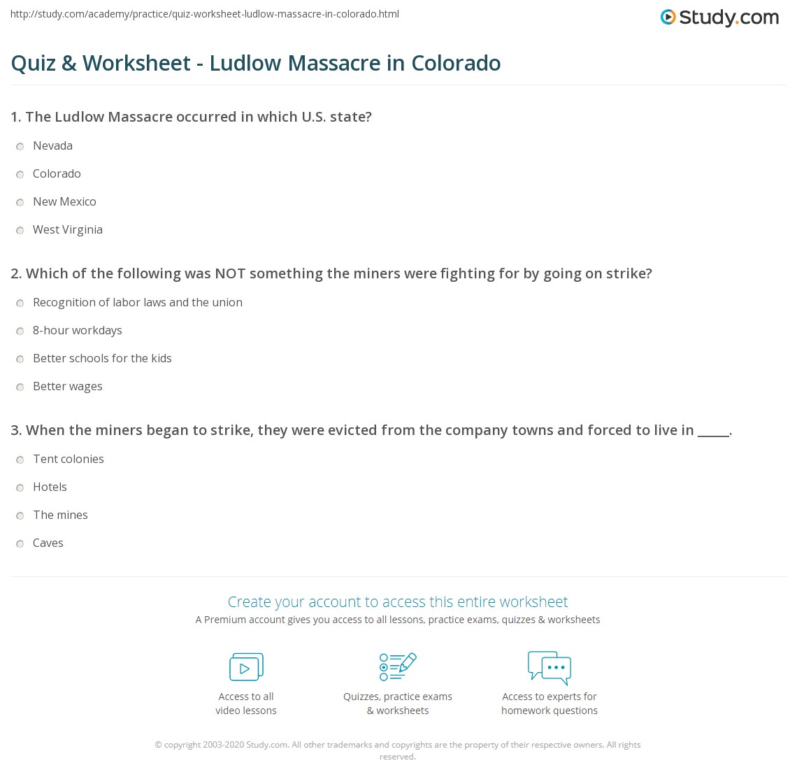Quiz & Worksheet - Ludlow Massacre in Colorado | Study.com