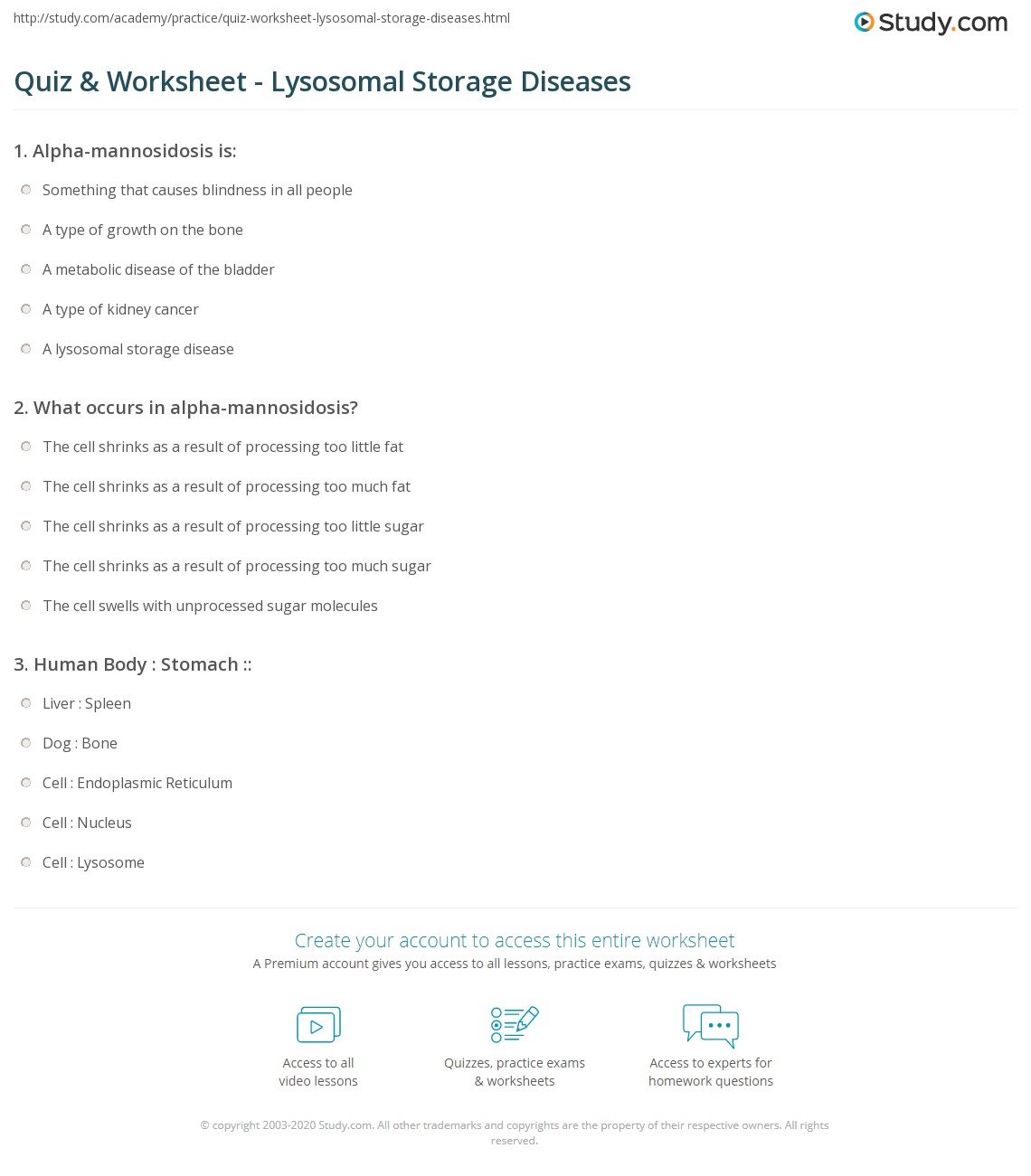 Quiz & Worksheet - Lysosomal Storage Diseases | Study.com