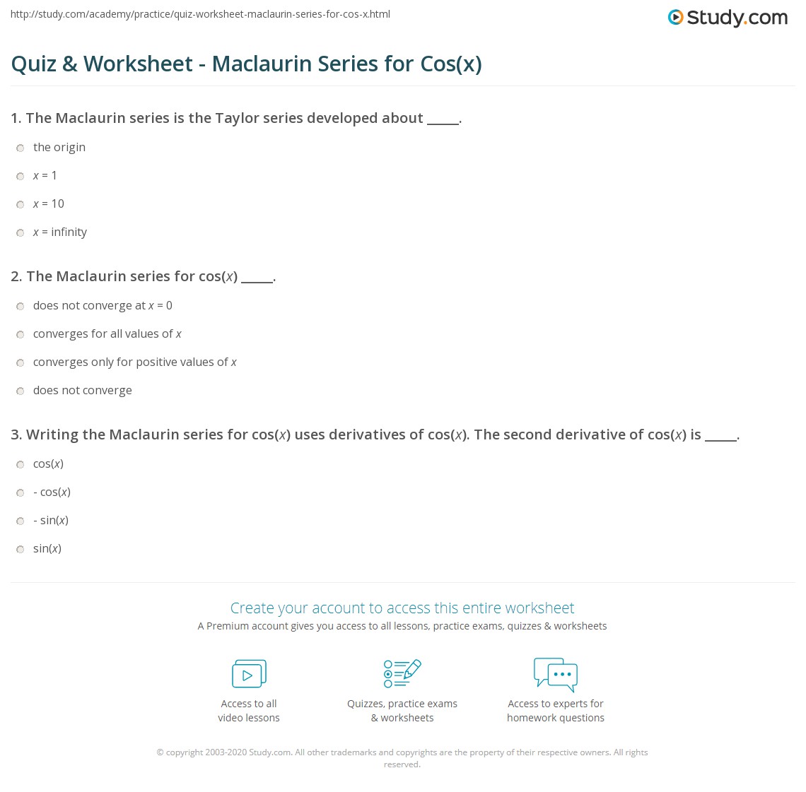 Quiz & Worksheet - Maclaurin Series for Cos(x) | Study.com