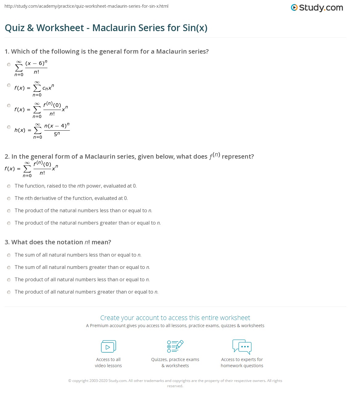 Quiz & Worksheet - Maclaurin Series for Sin(x) | Study.com