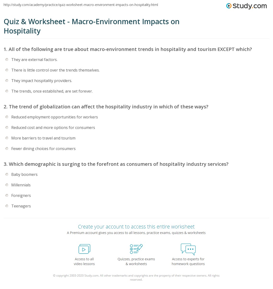 Quiz & Worksheet - Macro-Environment Impacts on Hospitality | Study.com