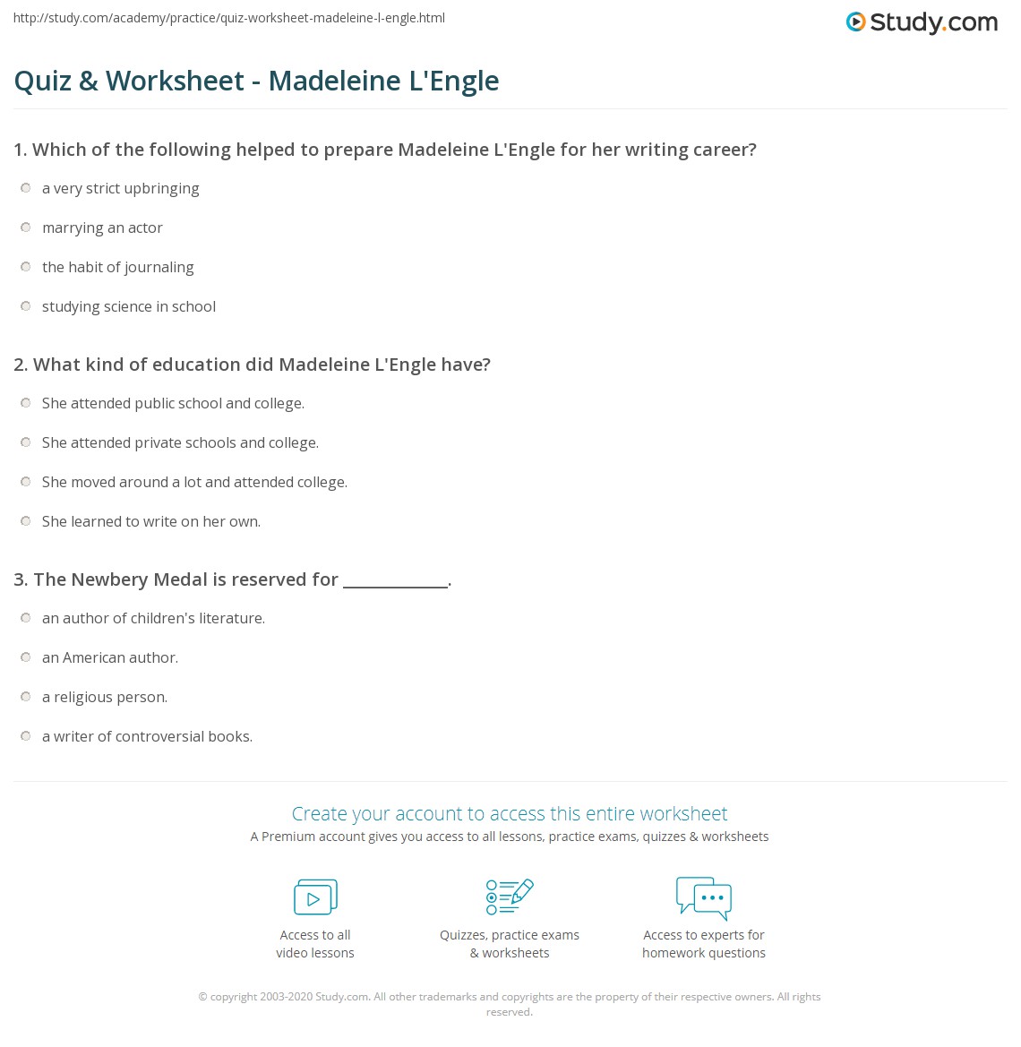 Quiz & Worksheet - Madeleine L'Engle | Study.com