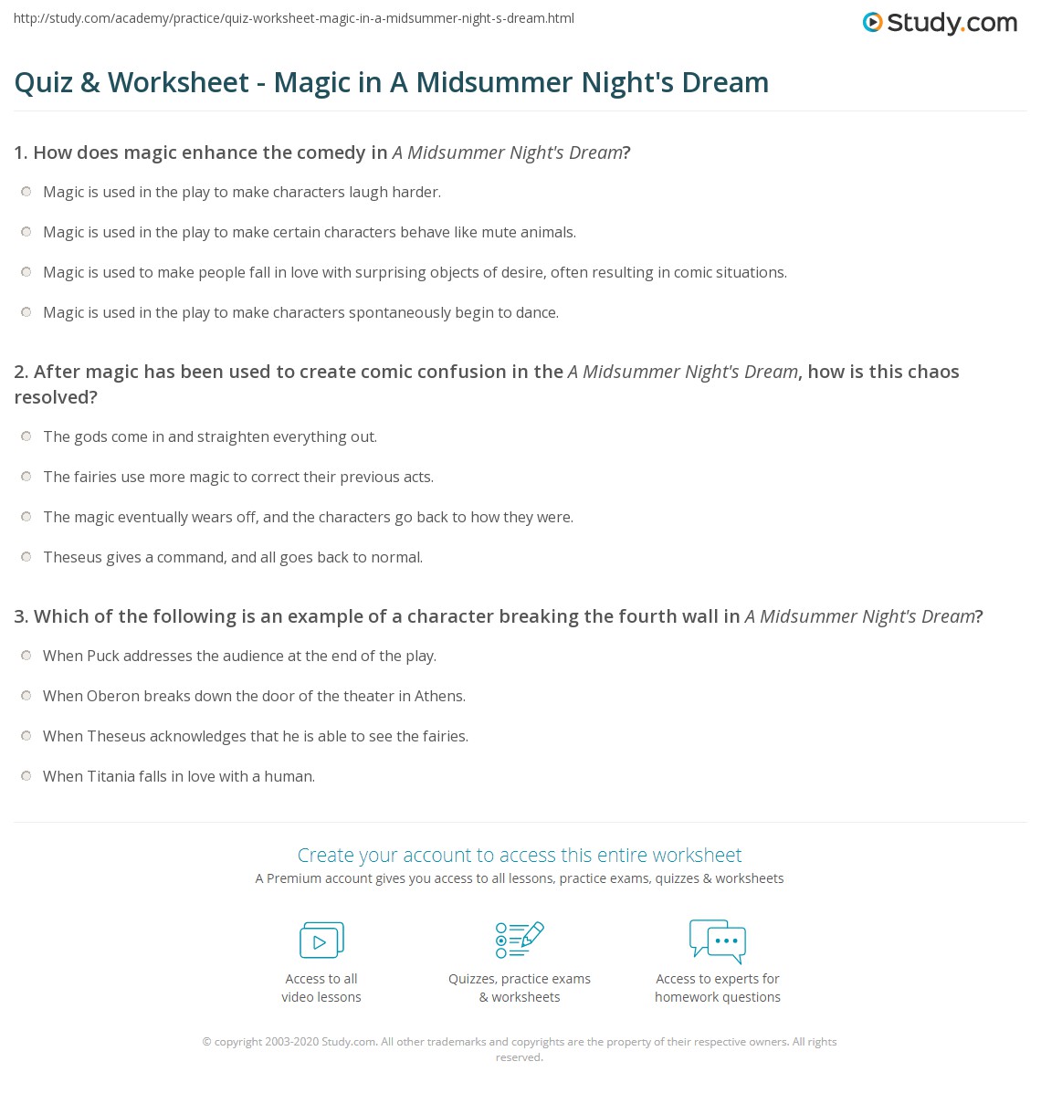 Quiz & Worksheet - Magic in A Midsummer Night's Dream | Study.com