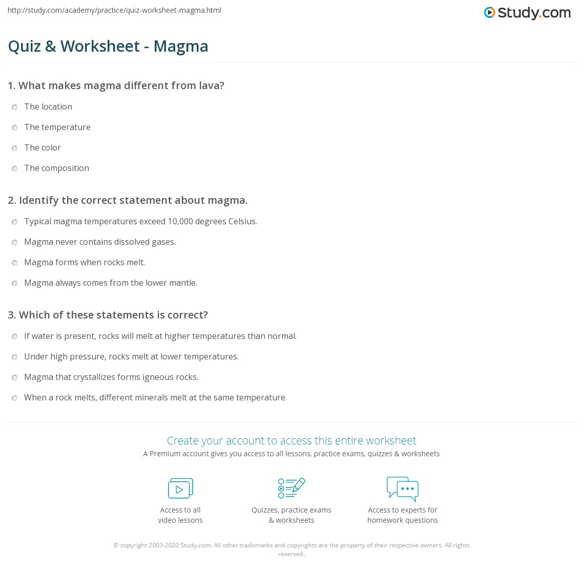 Quiz & Worksheet - Magma | Study.com