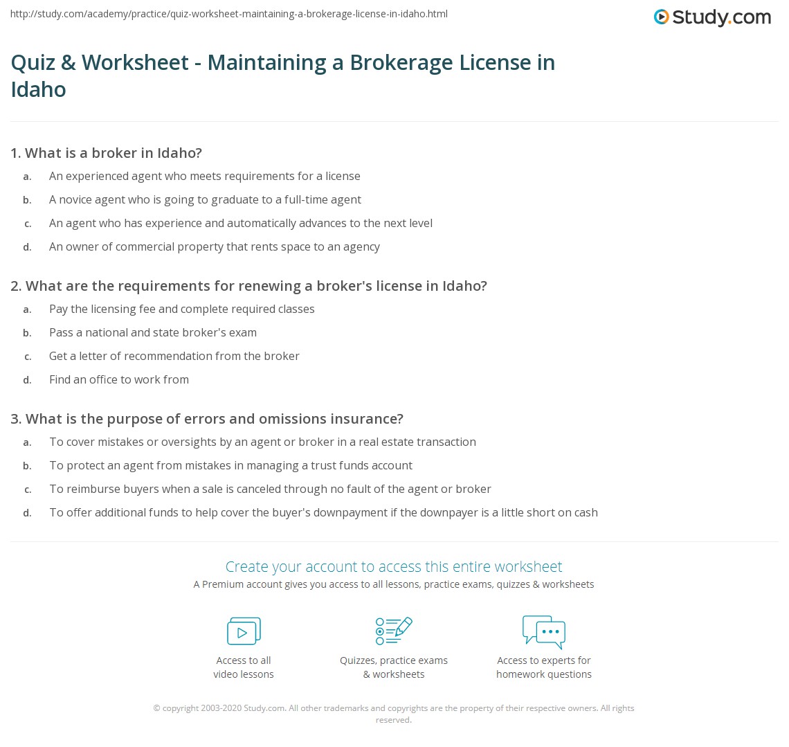 Quiz & Worksheet - Maintaining a Brokerage License in Idaho | Study.com