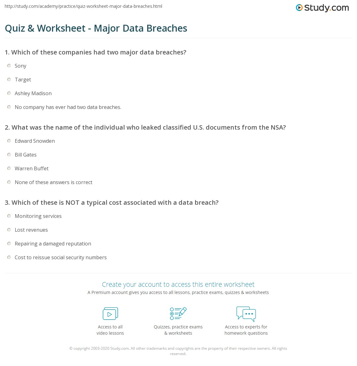 Quiz & Worksheet - Major Data Breaches | Study.com
