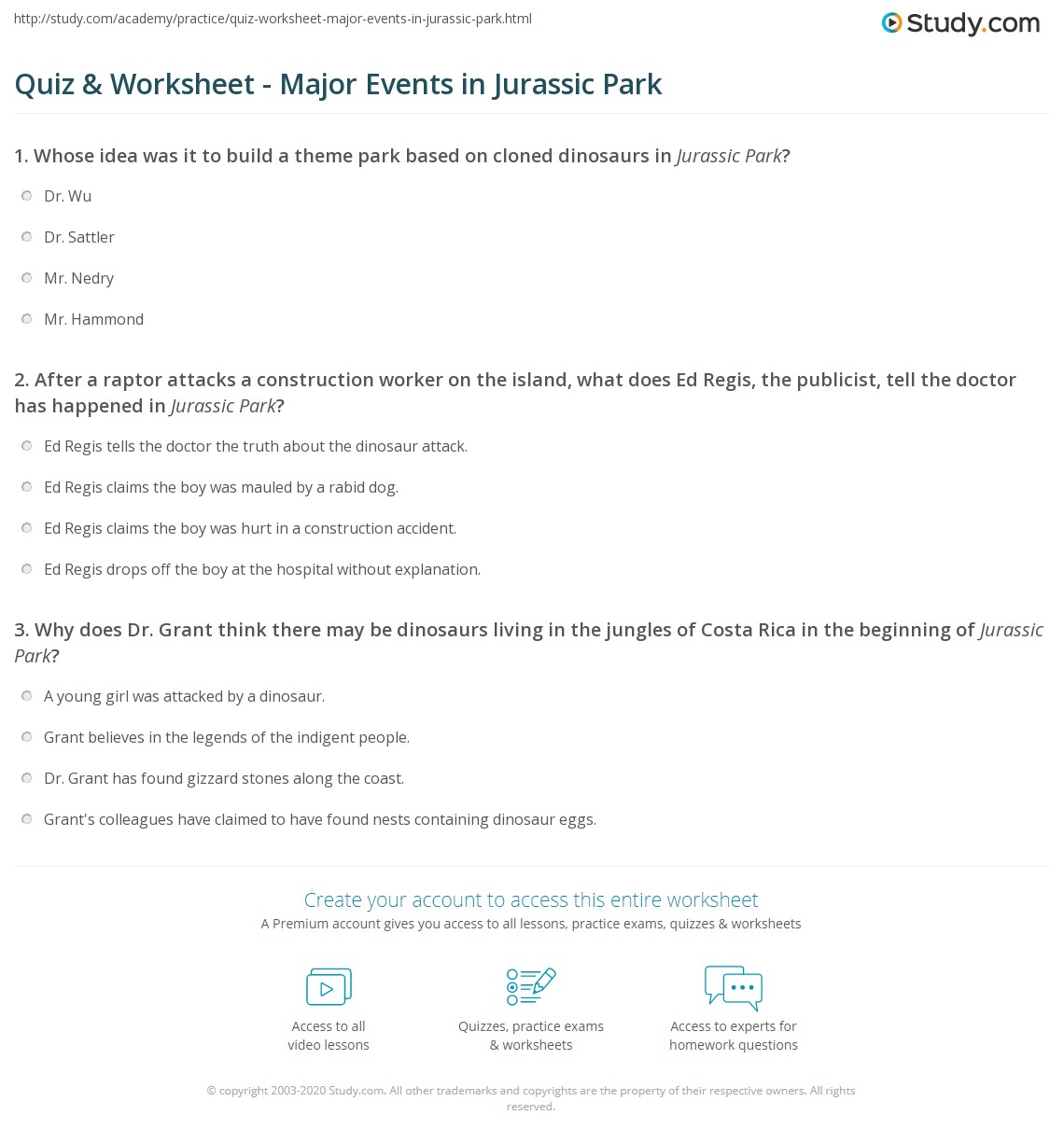 Quiz & Worksheet - Major Events in Jurassic Park | Study.com