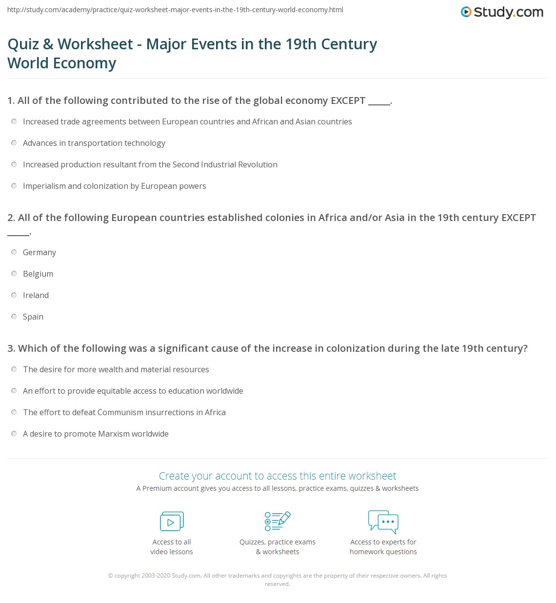 Quiz & Worksheet - Major Events in the 19th Century World Economy ...