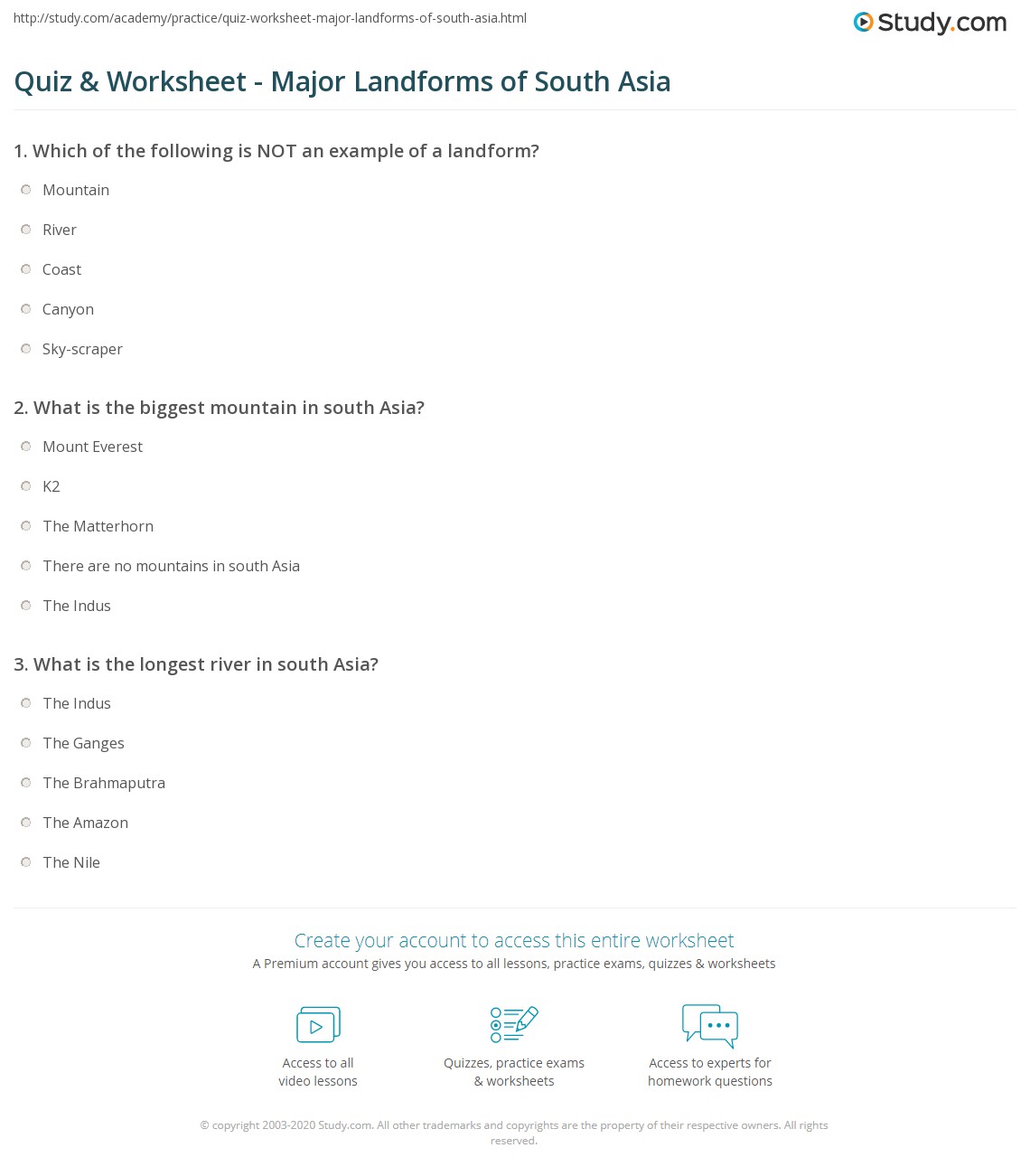Quiz & Worksheet - Major Landforms of South Asia | Study.com