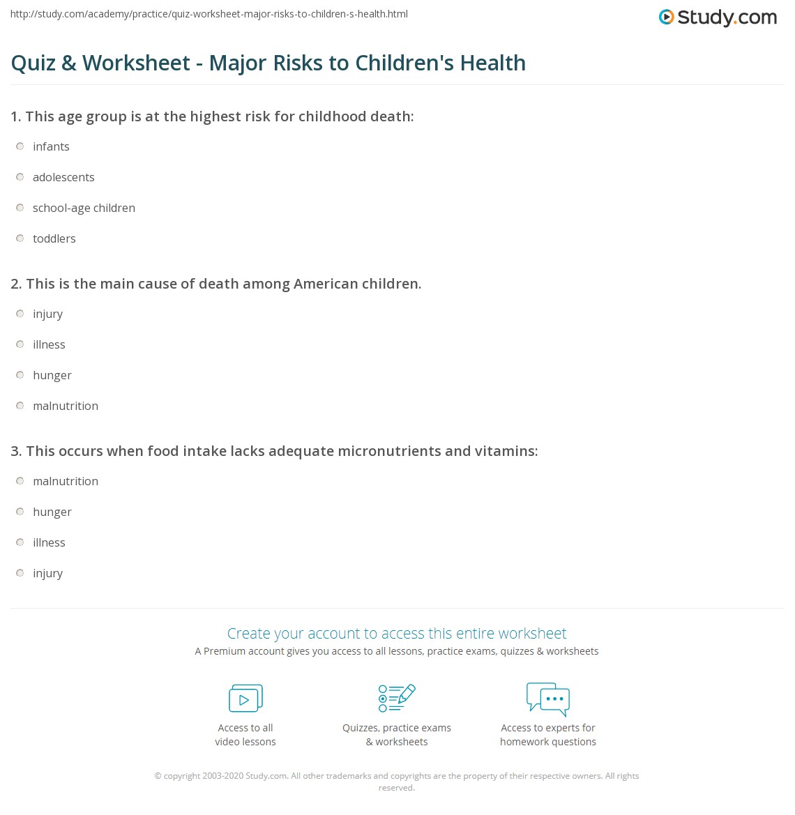 Quiz & Worksheet - Major Risks to Children's Health | Study.com