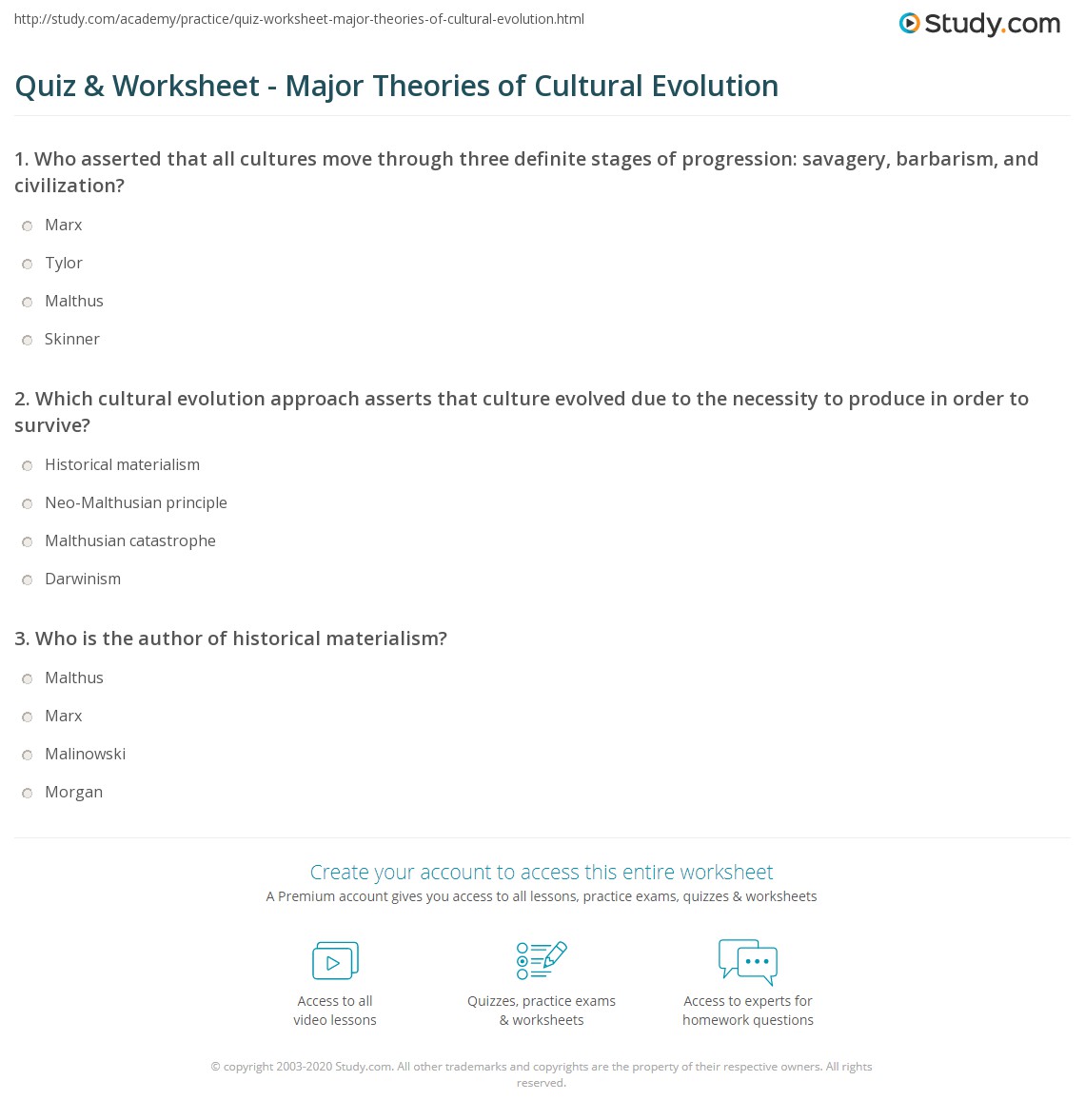 Quiz & Worksheet - Major Theories of Cultural Evolution | Study.com