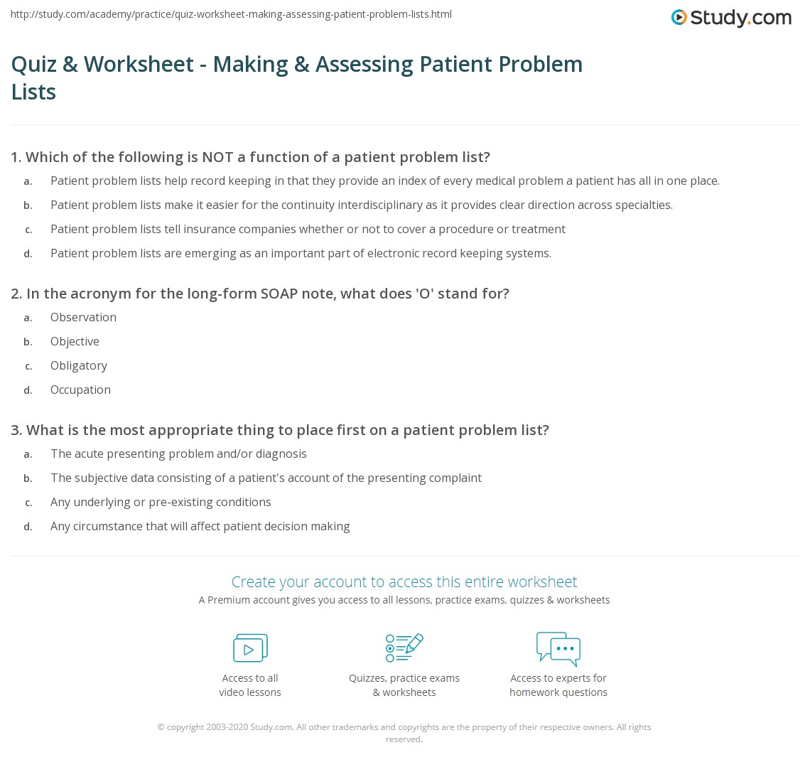 Quiz & Worksheet - Making & Assessing Patient Problem Lists | Study.com