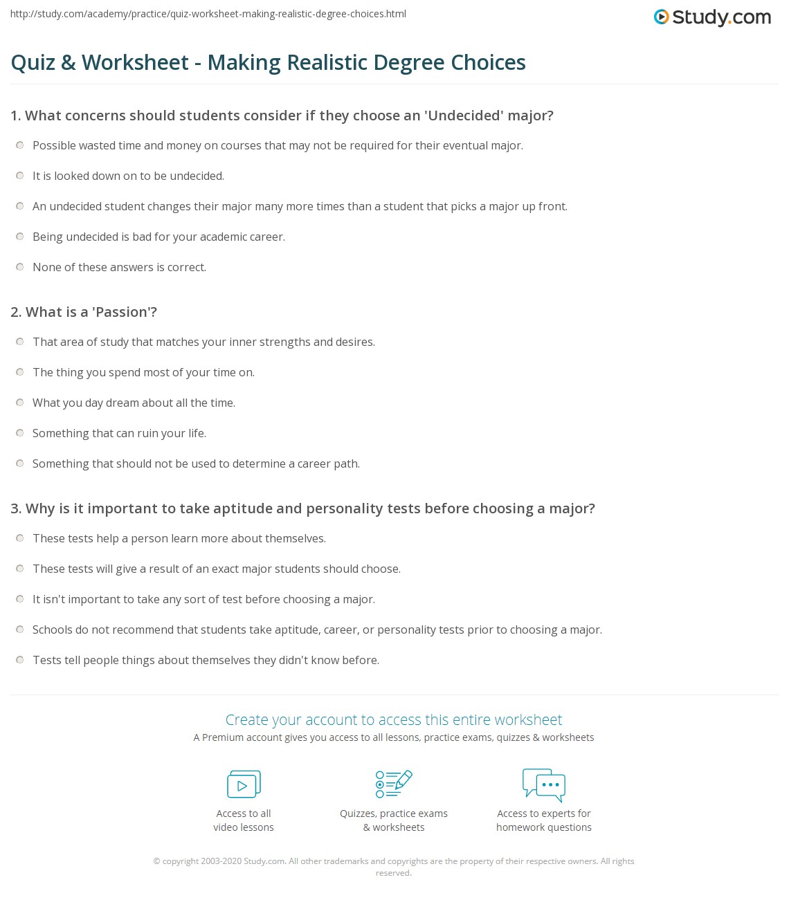 Quiz & Worksheet - Making Realistic Degree Choices | Study.com