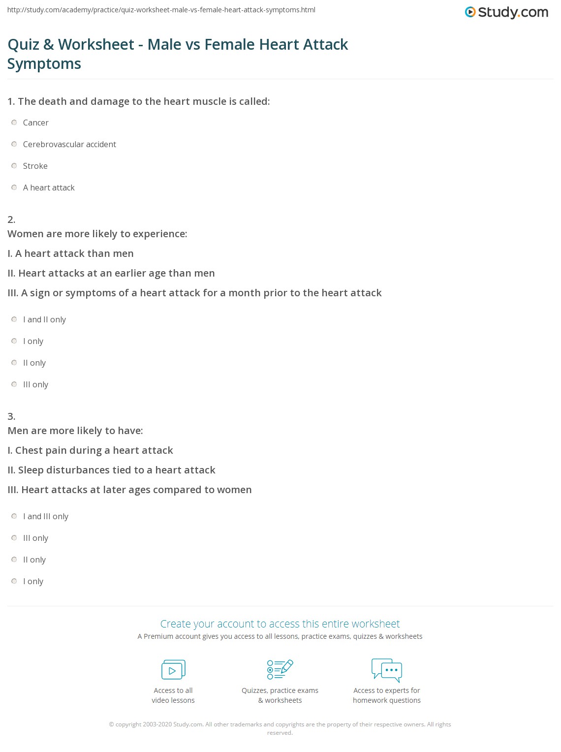 Quiz & Worksheet - Male vs Female Heart Attack Symptoms | Study.com