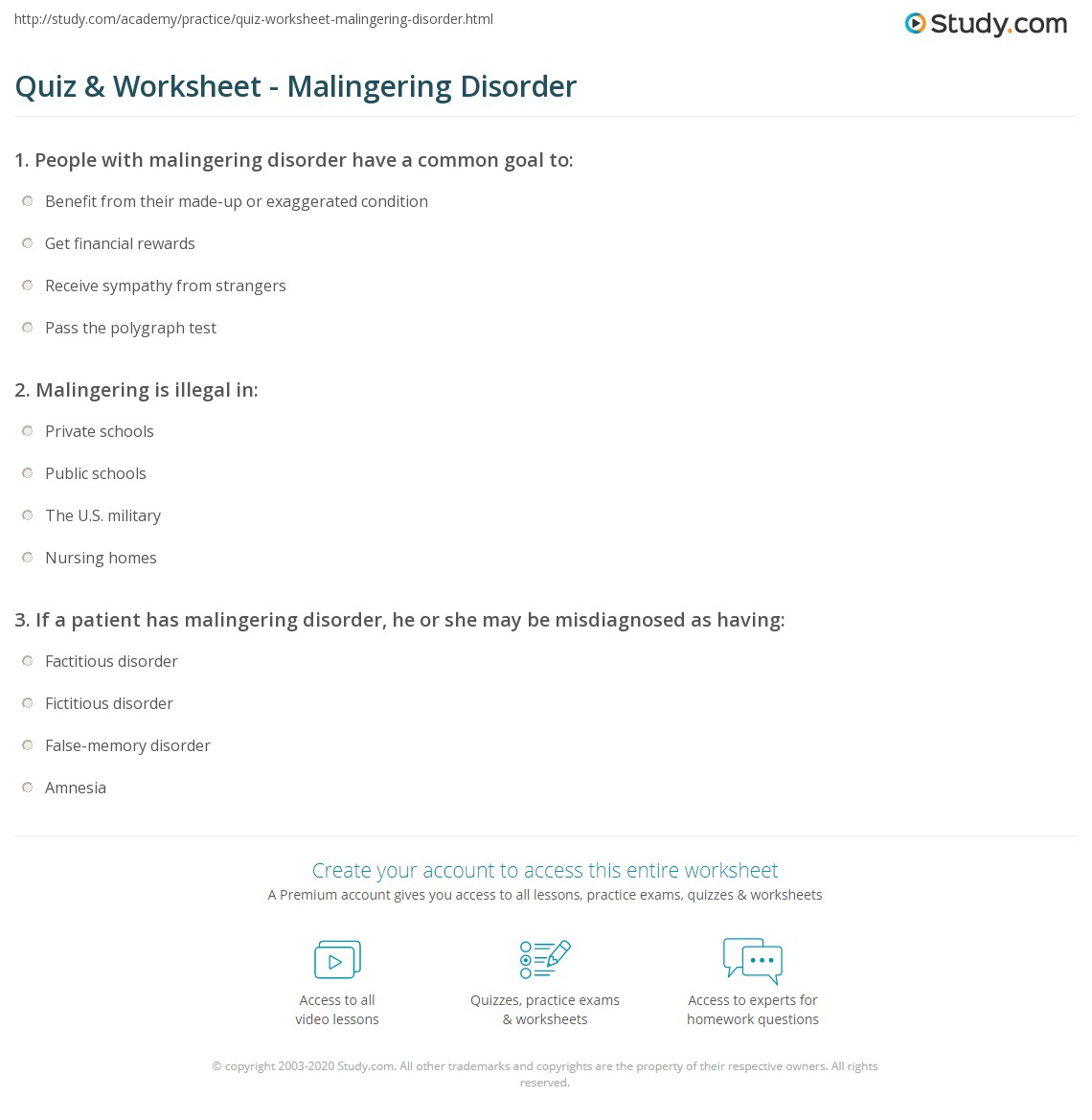 Quiz & Worksheet - Malingering Disorder | Study.com
