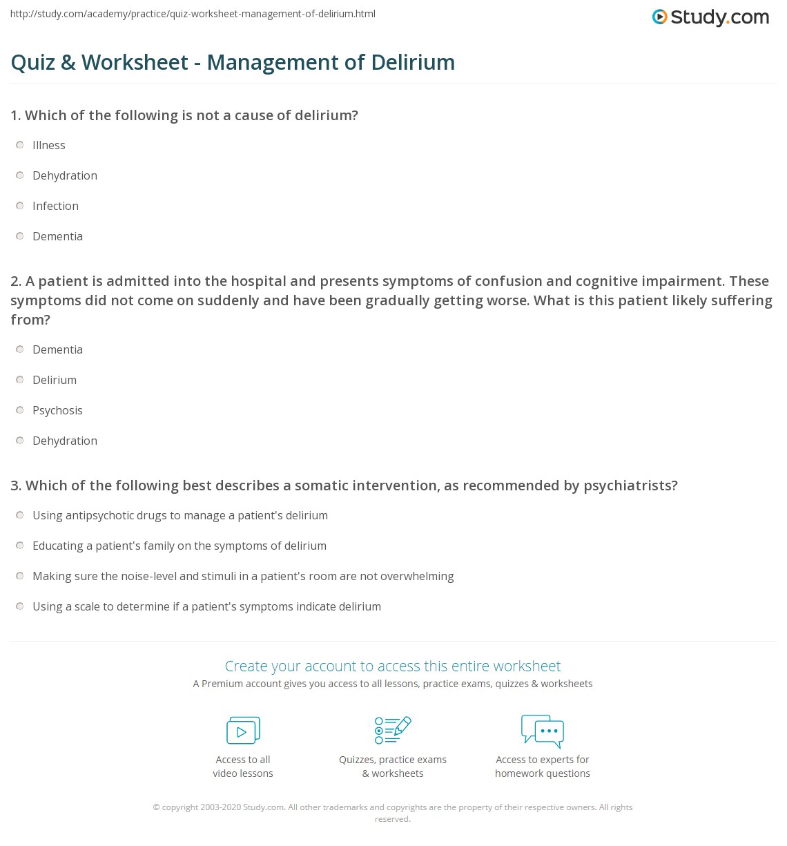 Quiz & Worksheet - Management of Delirium | Study.com