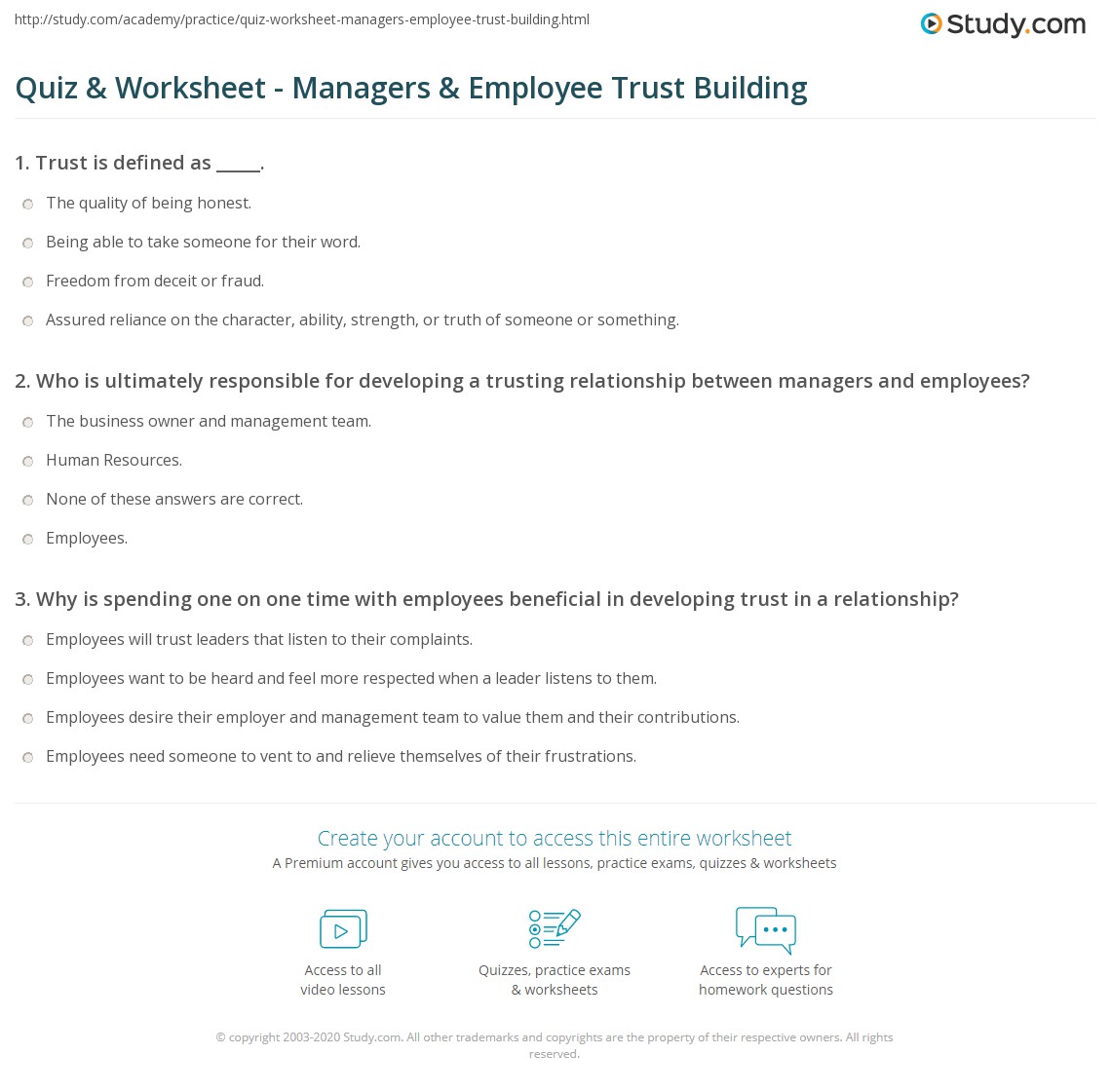 Quiz & Worksheet - Managers & Employee Trust Building | Study.com