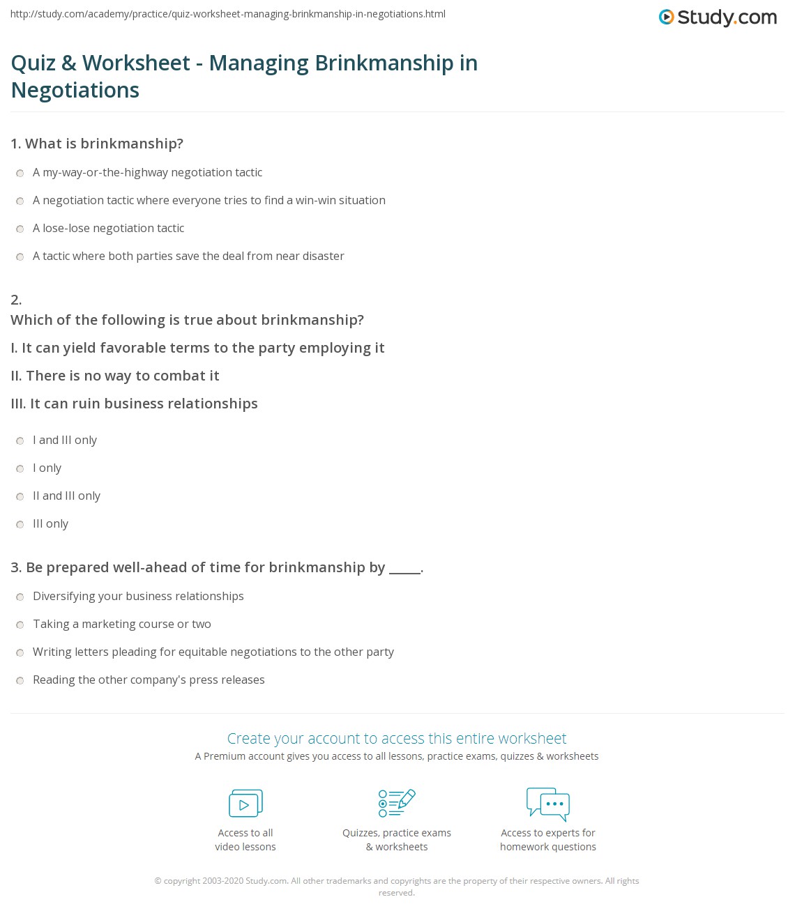 Quiz & Worksheet - Managing Brinkmanship in Negotiations | Study.com
