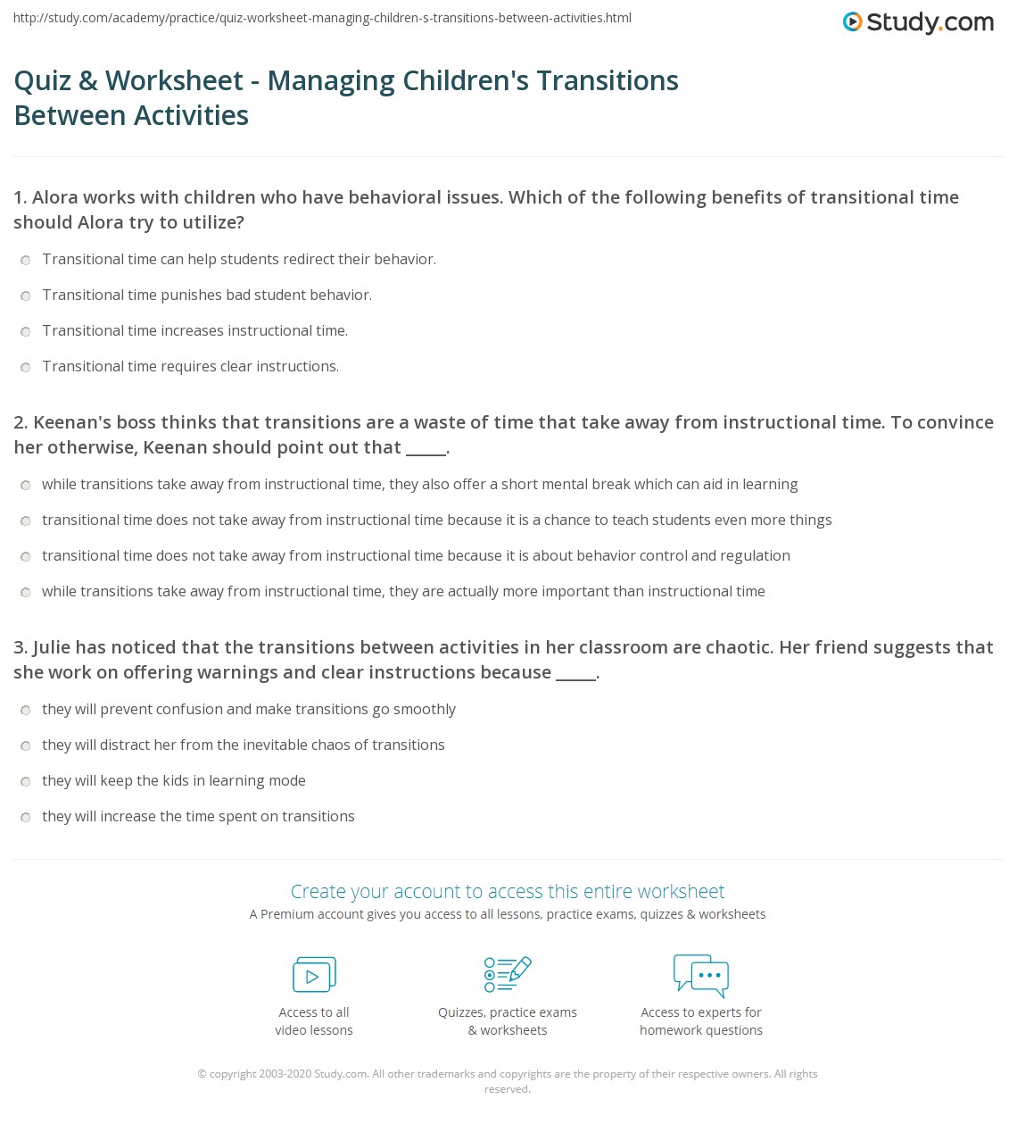 Quiz & Worksheet - Managing Children's Transitions Between Activities ...
