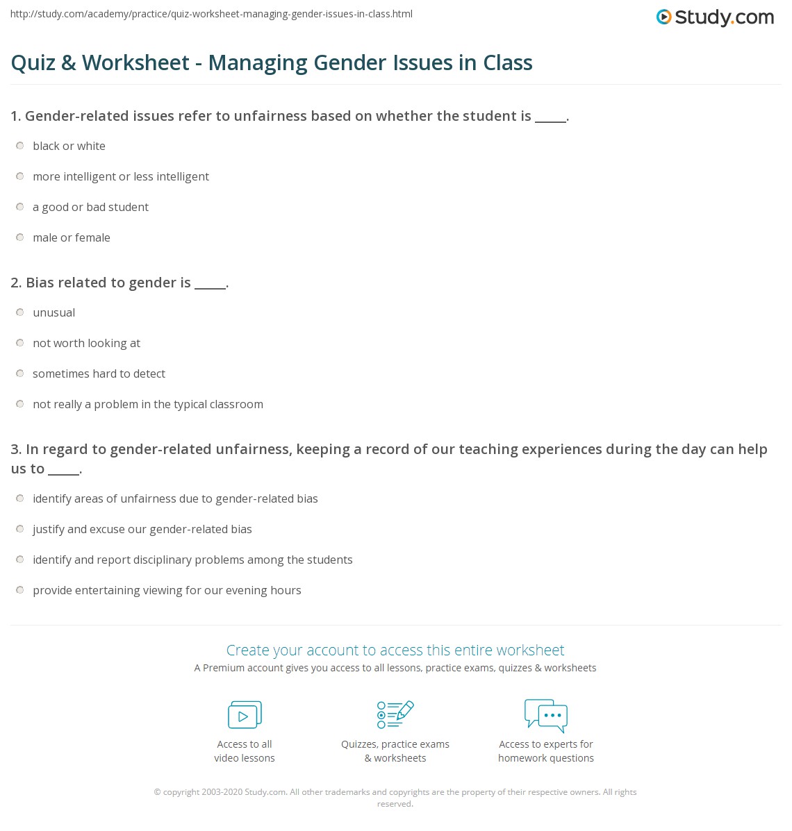 Quiz & Worksheet - Managing Gender Issues in Class | Study.com