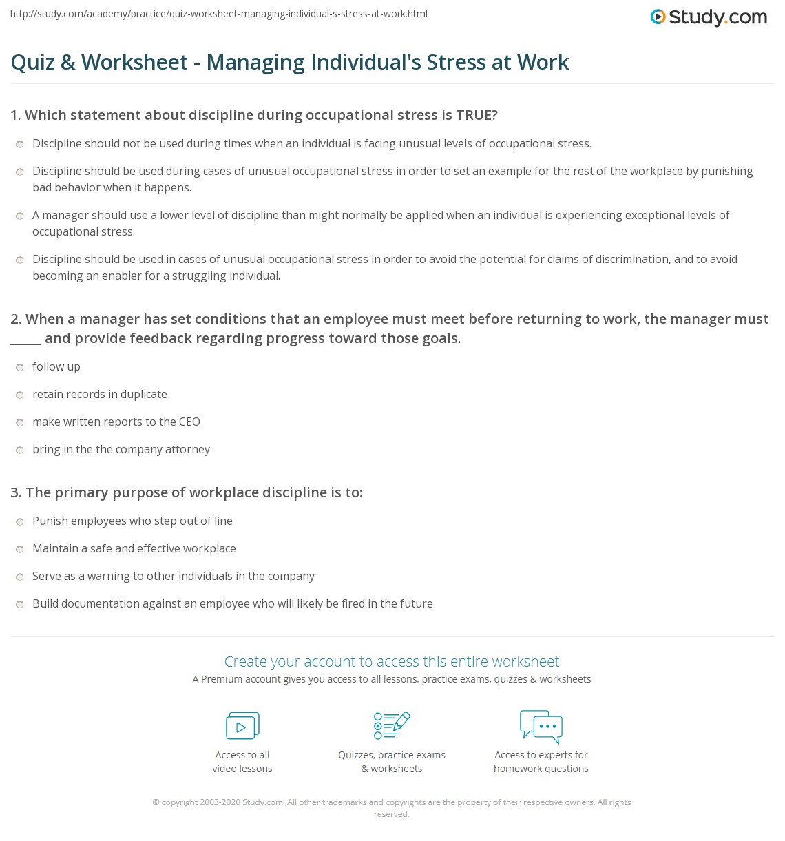 Quiz & Worksheet - Managing Individual's Stress at Work | Study.com