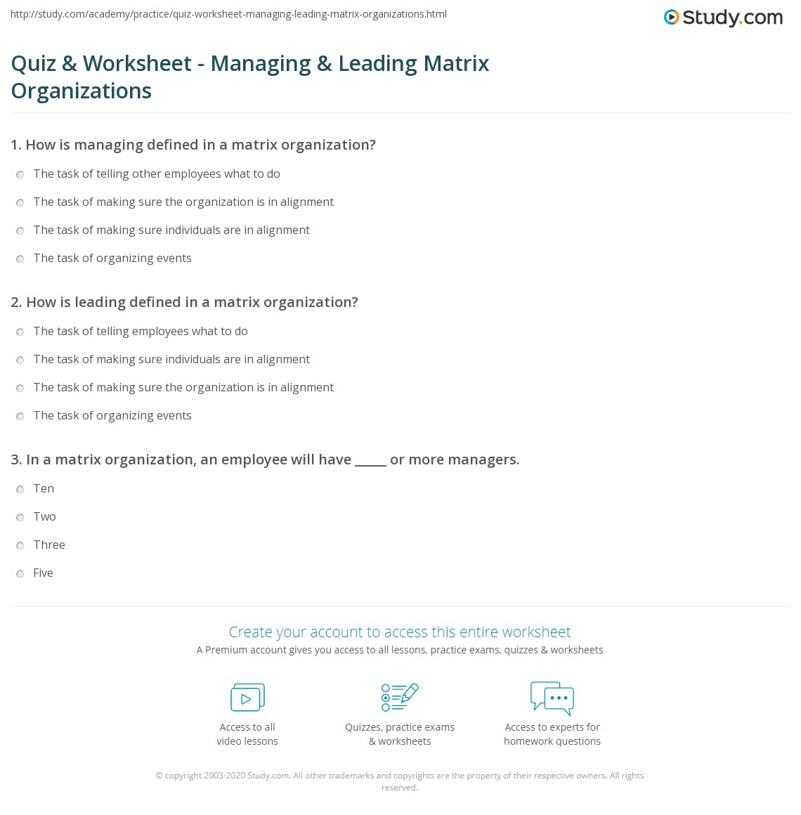 Quiz & Worksheet - Managing & Leading Matrix Organizations | Study.com