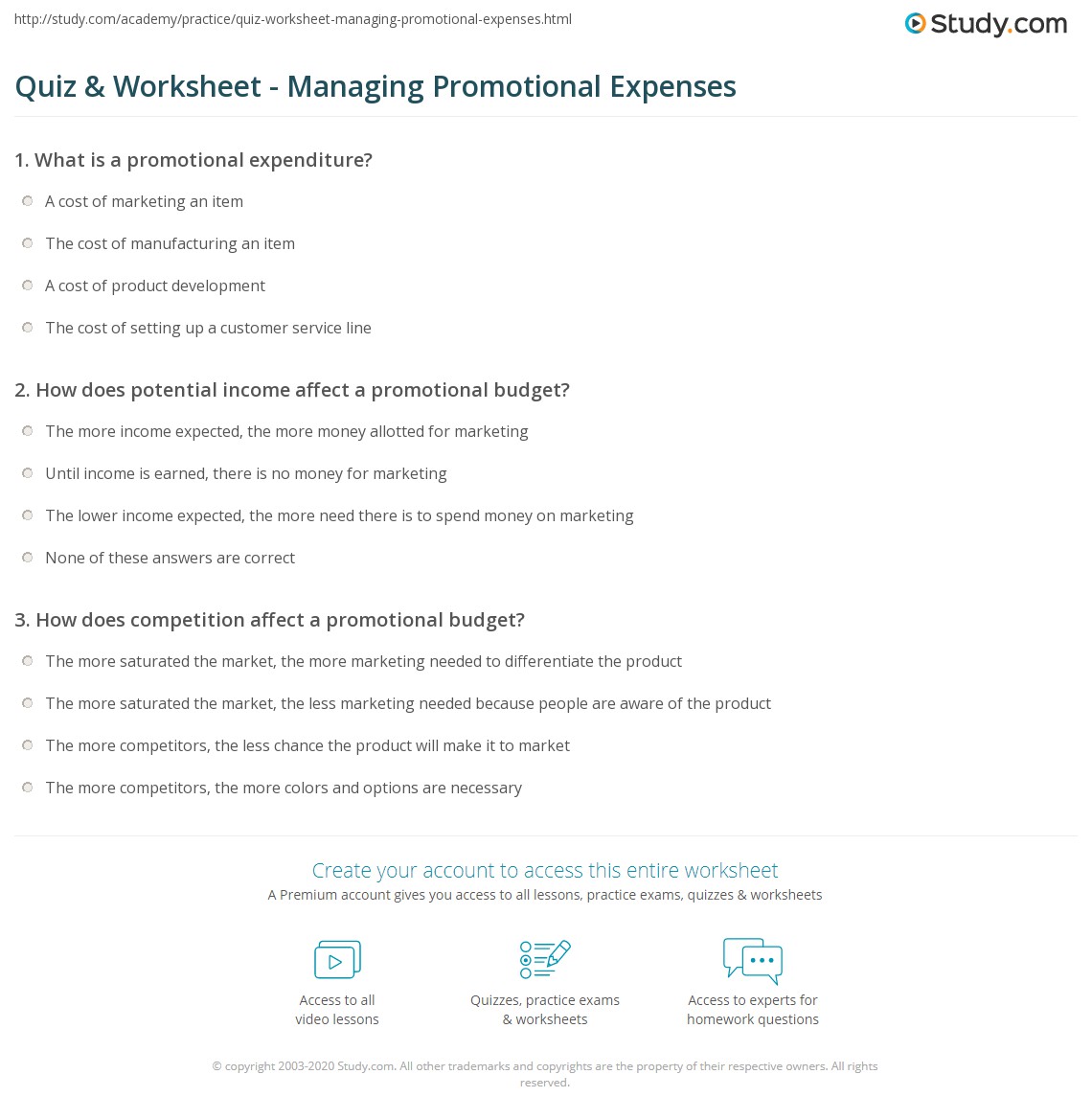 Quiz & Worksheet - Managing Promotional Expenses | Study.com