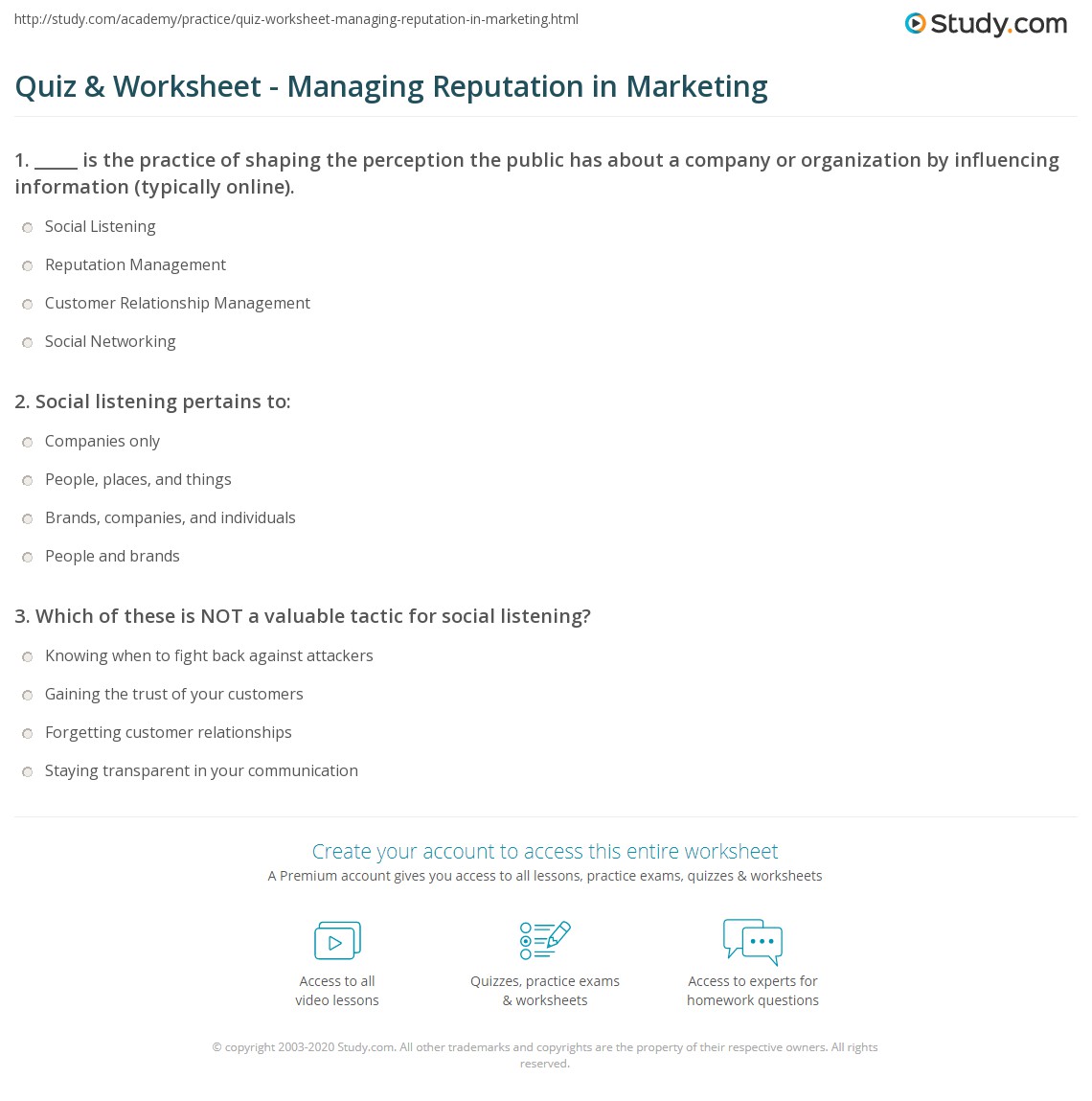 Quiz & Worksheet - Managing Reputation in Marketing | Study.com