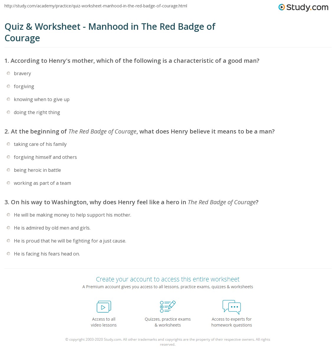 Quiz & Worksheet - Manhood in The Red Badge of Courage | Study.com