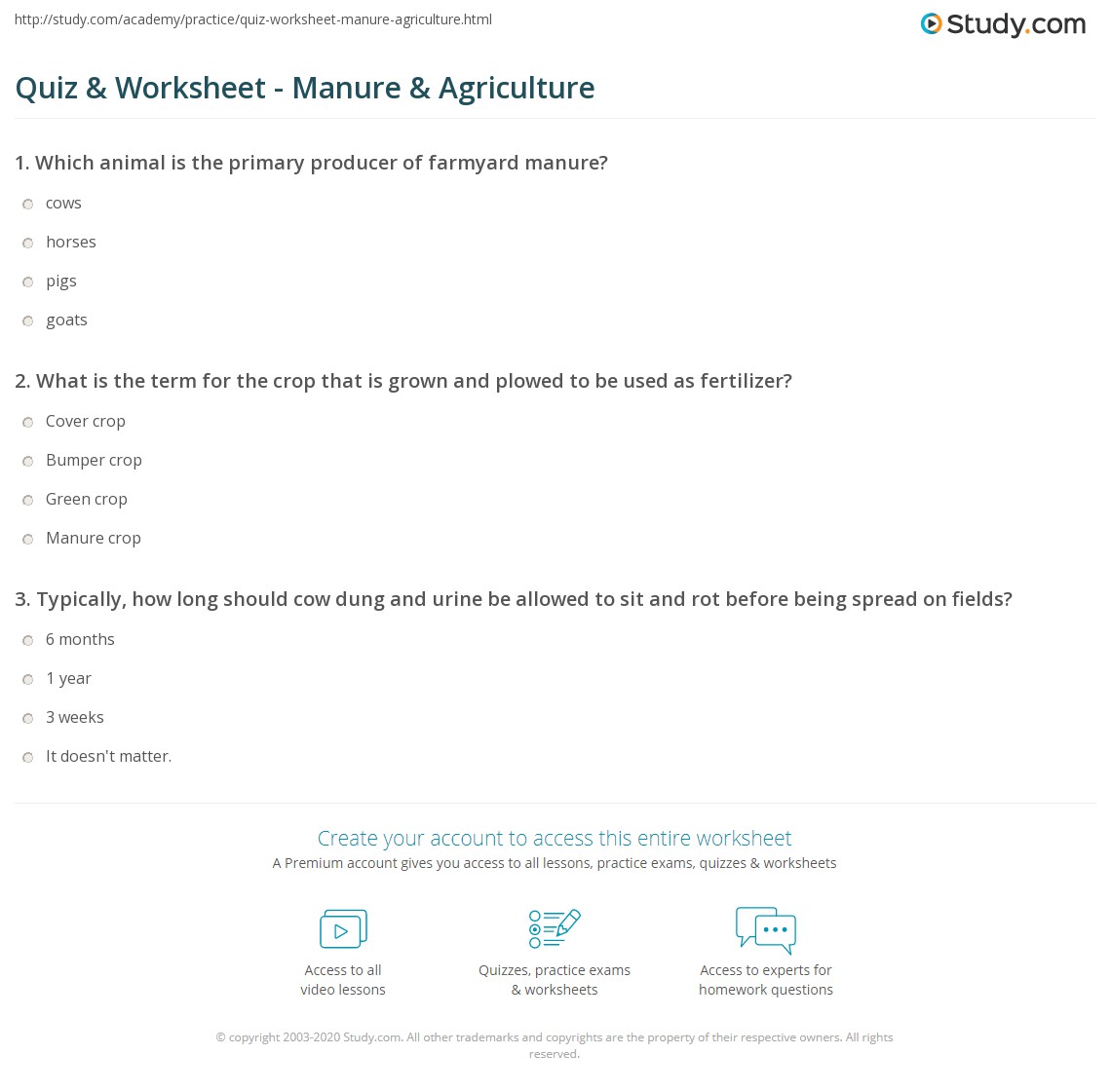 Quiz & Worksheet - Manure & Agriculture | Study.com