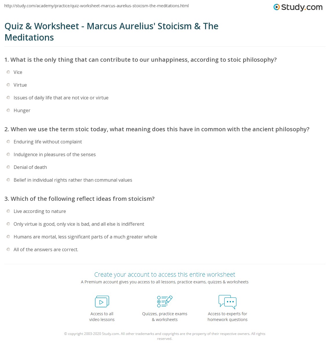 Quiz & Worksheet - Marcus Aurelius' Stoicism & The Meditations | Study.com