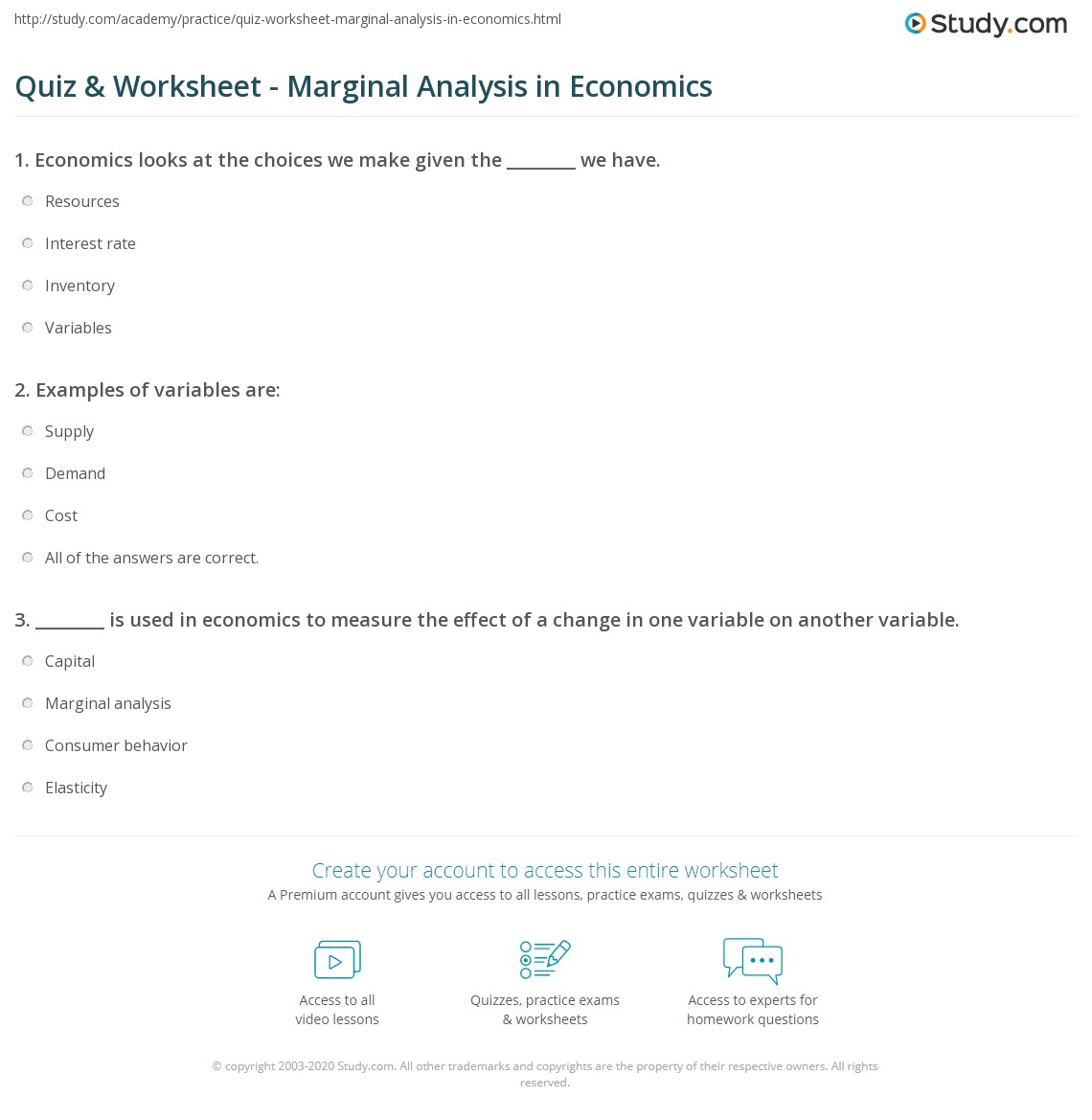 Quiz Worksheet Marginal Analysis In Economics Study