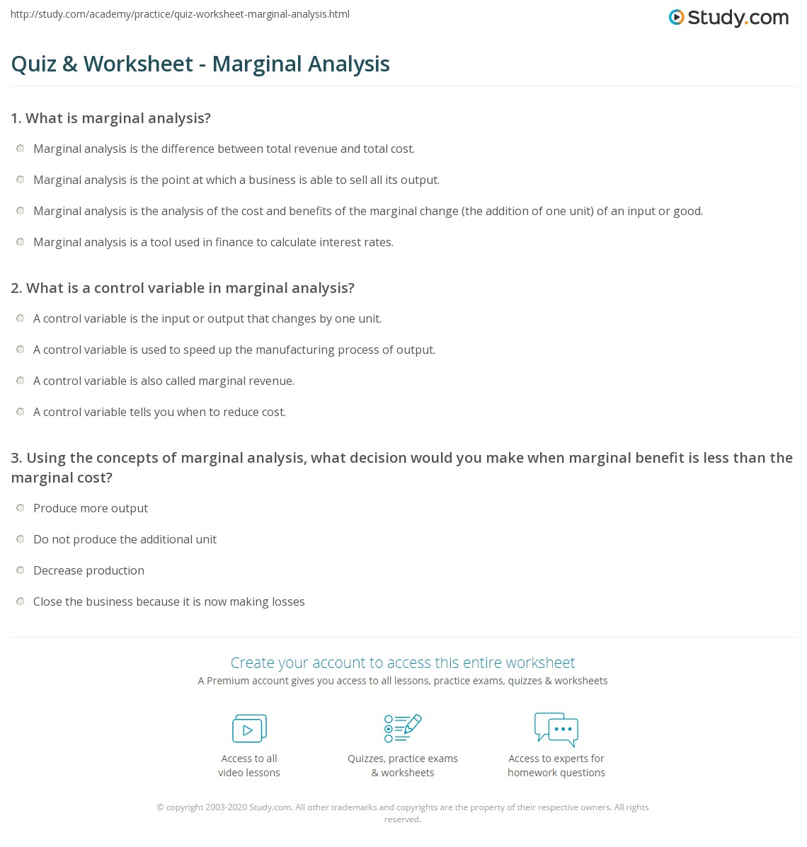 Quiz & Worksheet - Marginal Analysis | Study.com