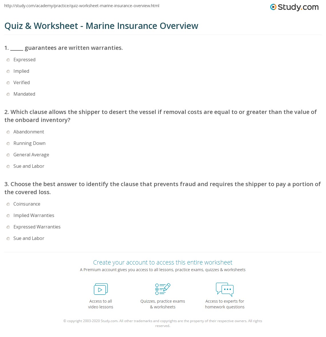 Quiz & Worksheet - Marine Insurance Overview | Study.com