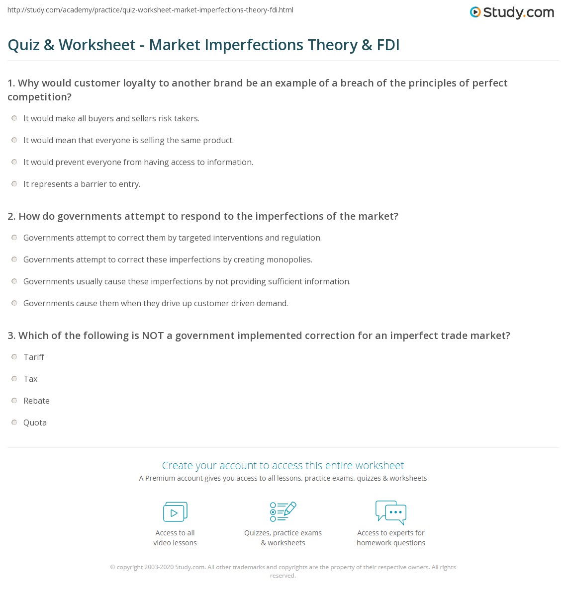 Quiz & Worksheet - Market Imperfections Theory & FDI | Study.com