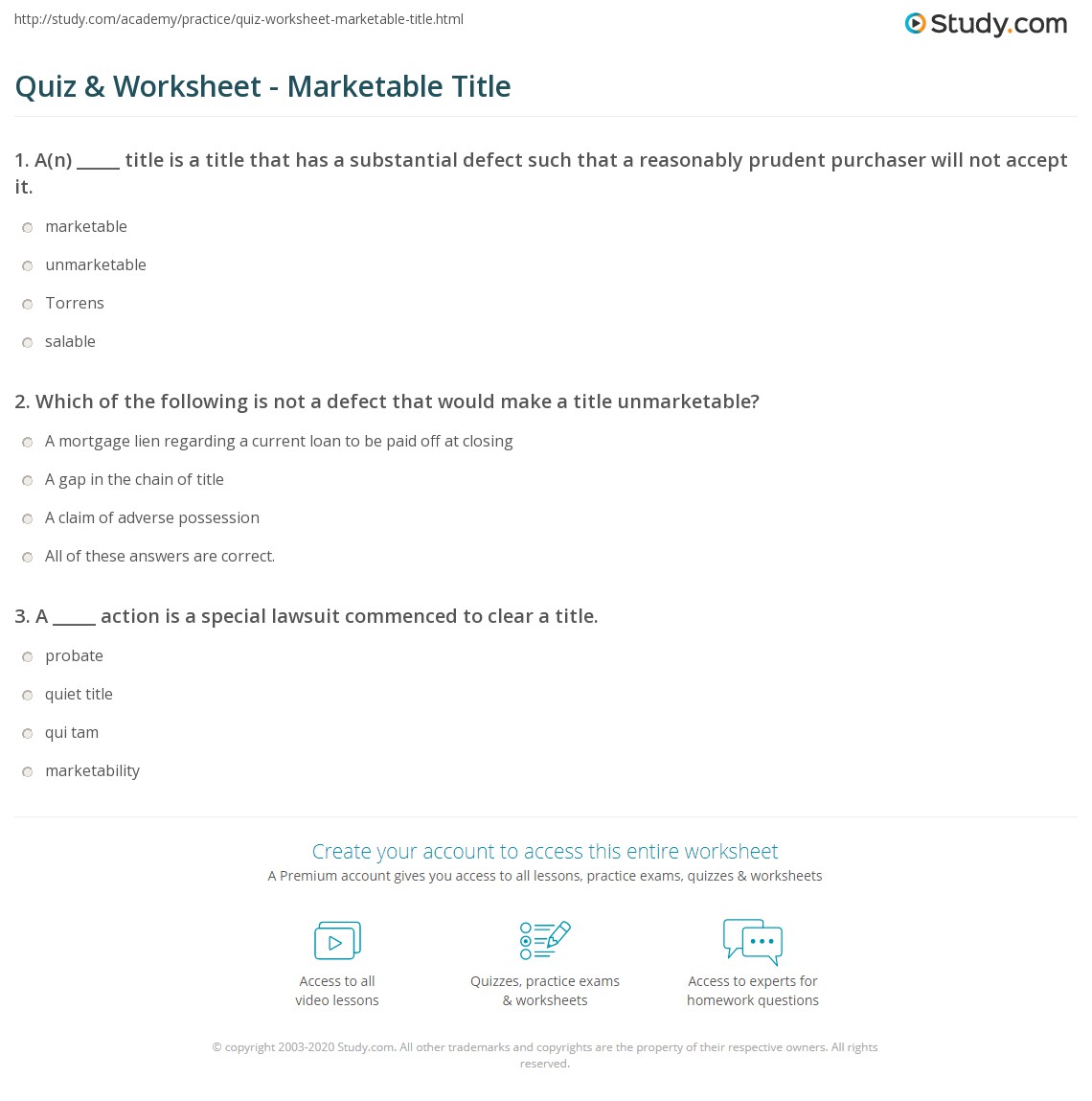 Quiz & Worksheet - Marketable Title | Study.com