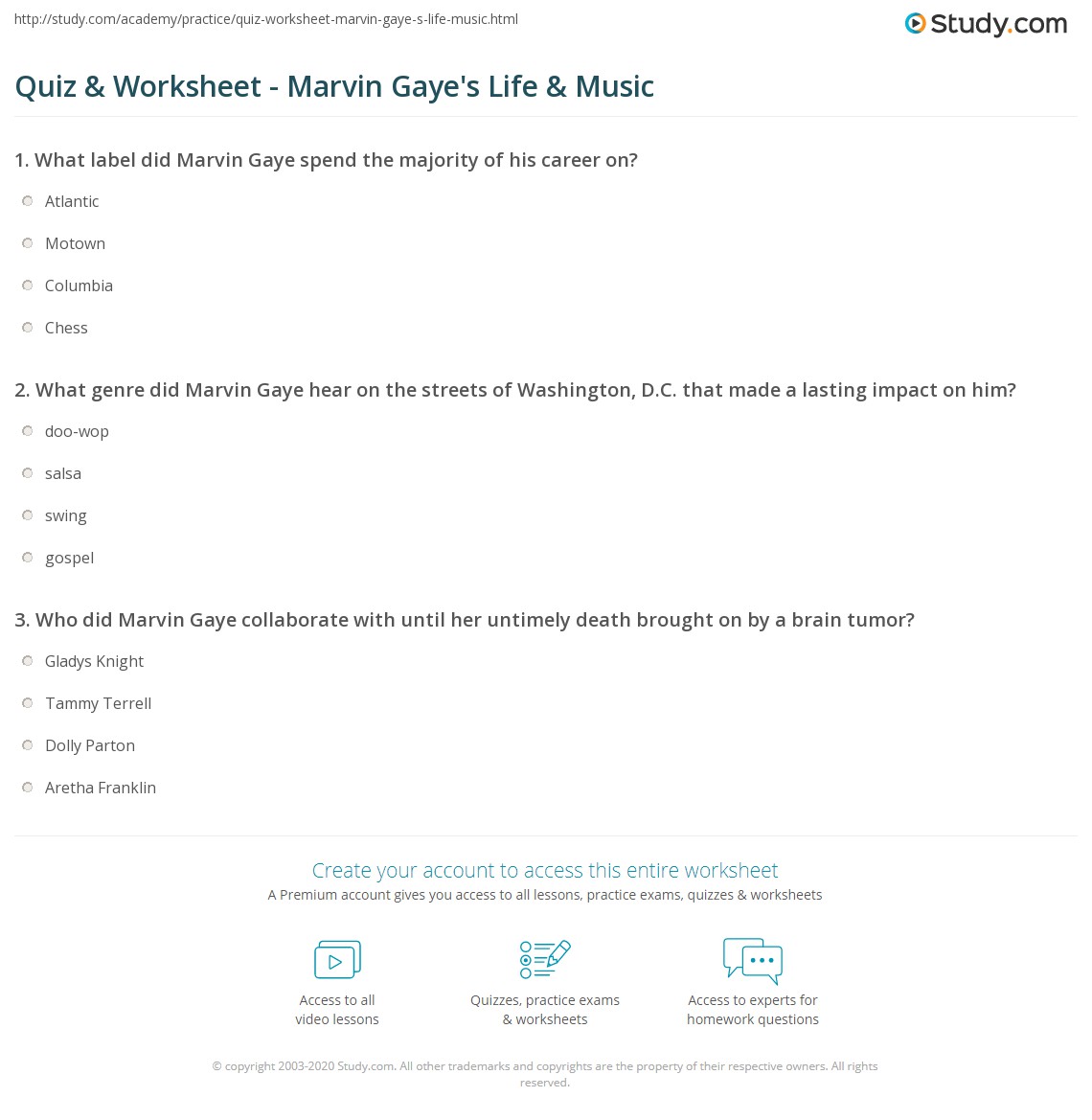 Quiz & Worksheet - Marvin Gaye's Life & Music | Study.com