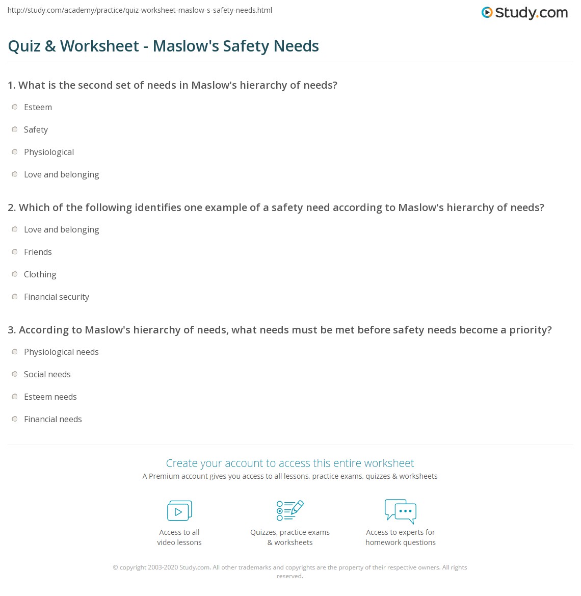 Quiz & Worksheet - Maslow's Safety Needs | Study.com