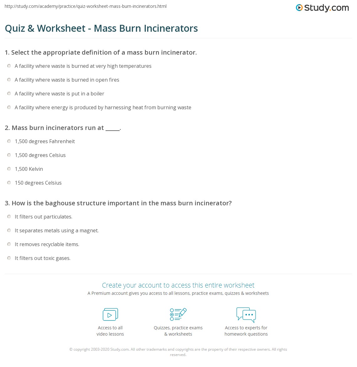 Quiz & Worksheet - Mass Burn Incinerators | Study.com