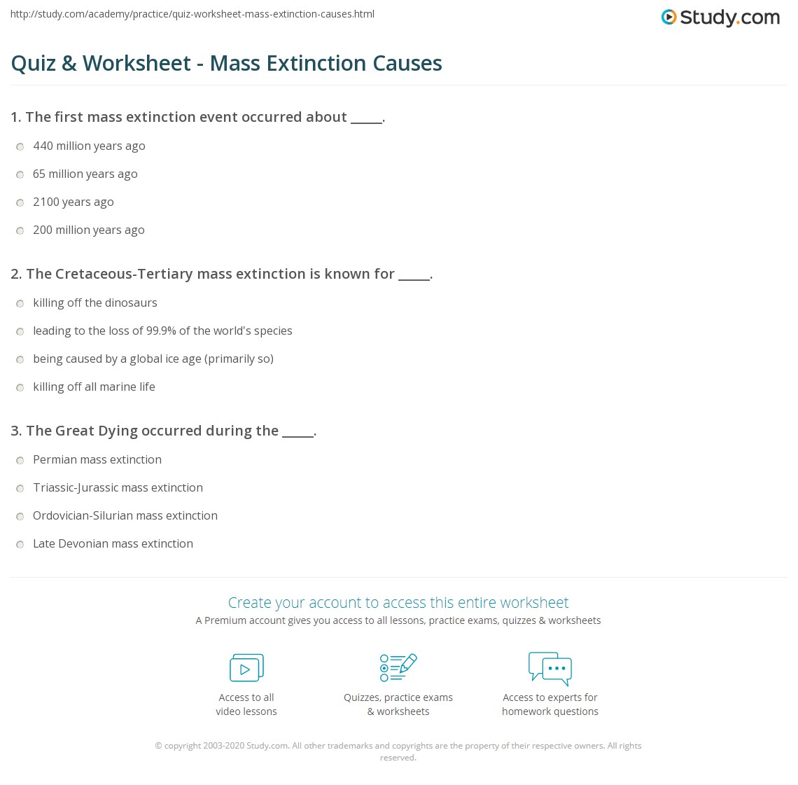 Quiz & Worksheet - Mass Extinction Causes | Study.com