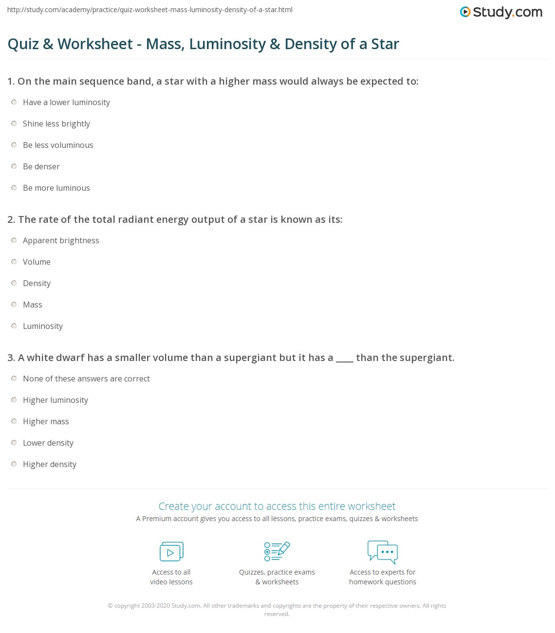 Quiz & Worksheet - Mass, Luminosity & Density of a Star | Study.com