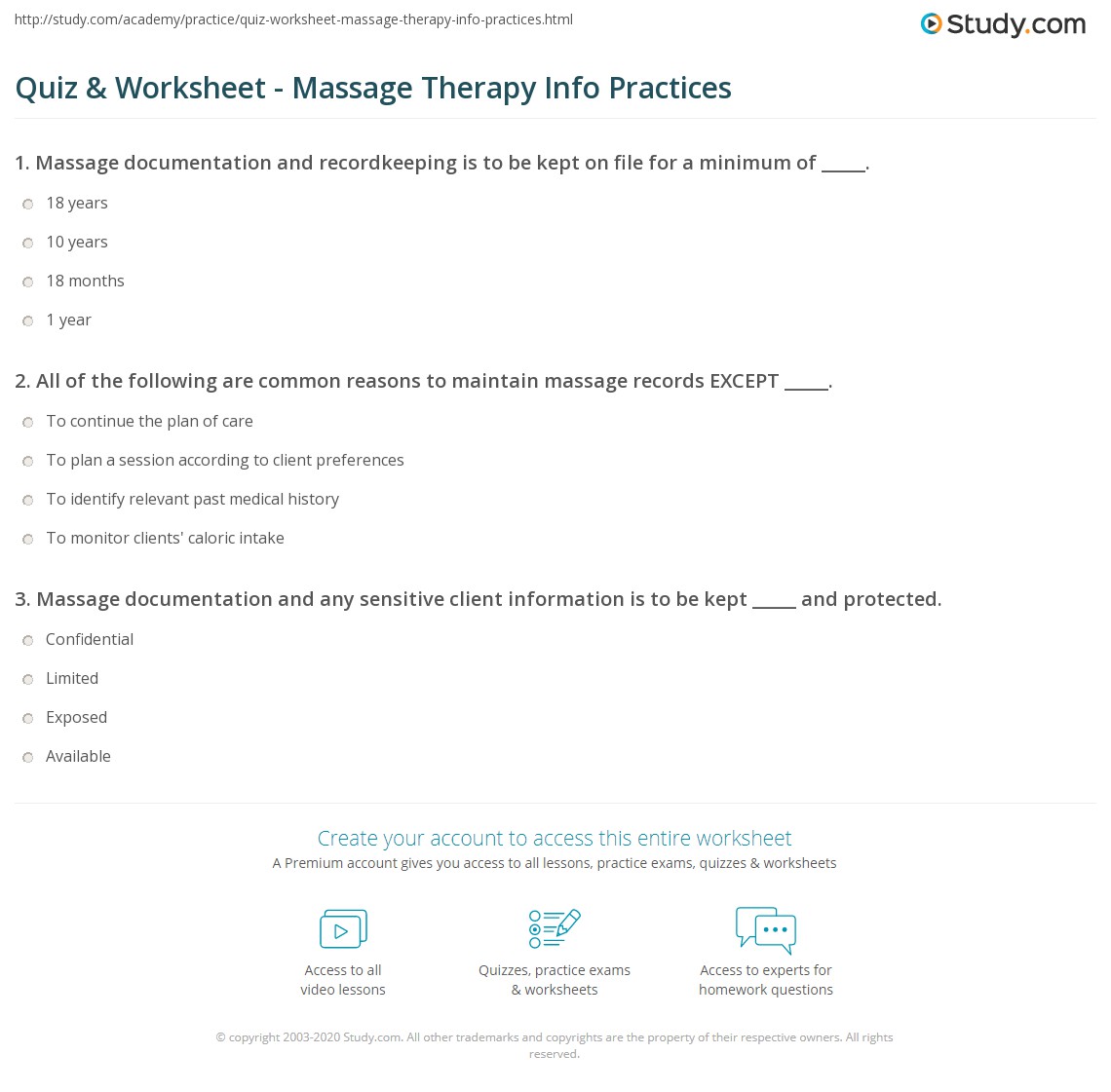 Quiz & Worksheet - Massage Therapy Info Practices | Study.com