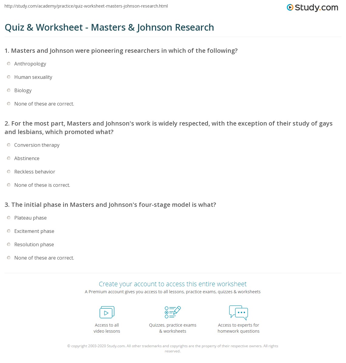 Quiz & Worksheet - Masters & Johnson Research | Study.com