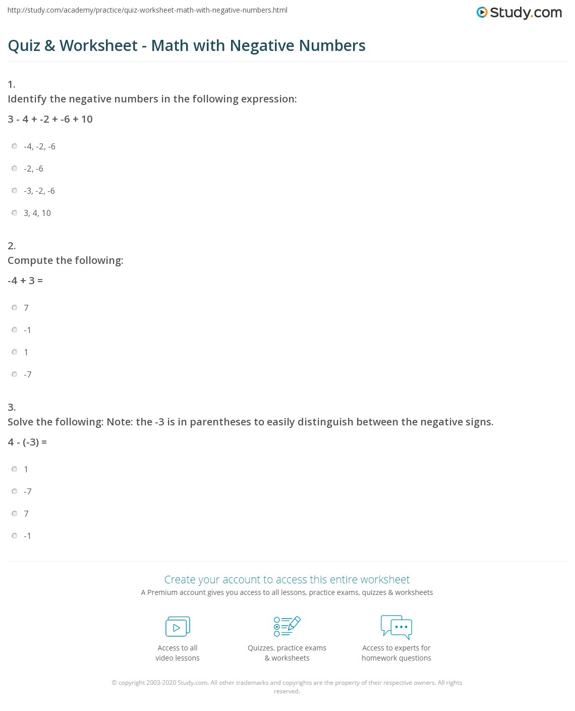 Quiz & Worksheet - Math with Negative Numbers | Study.com